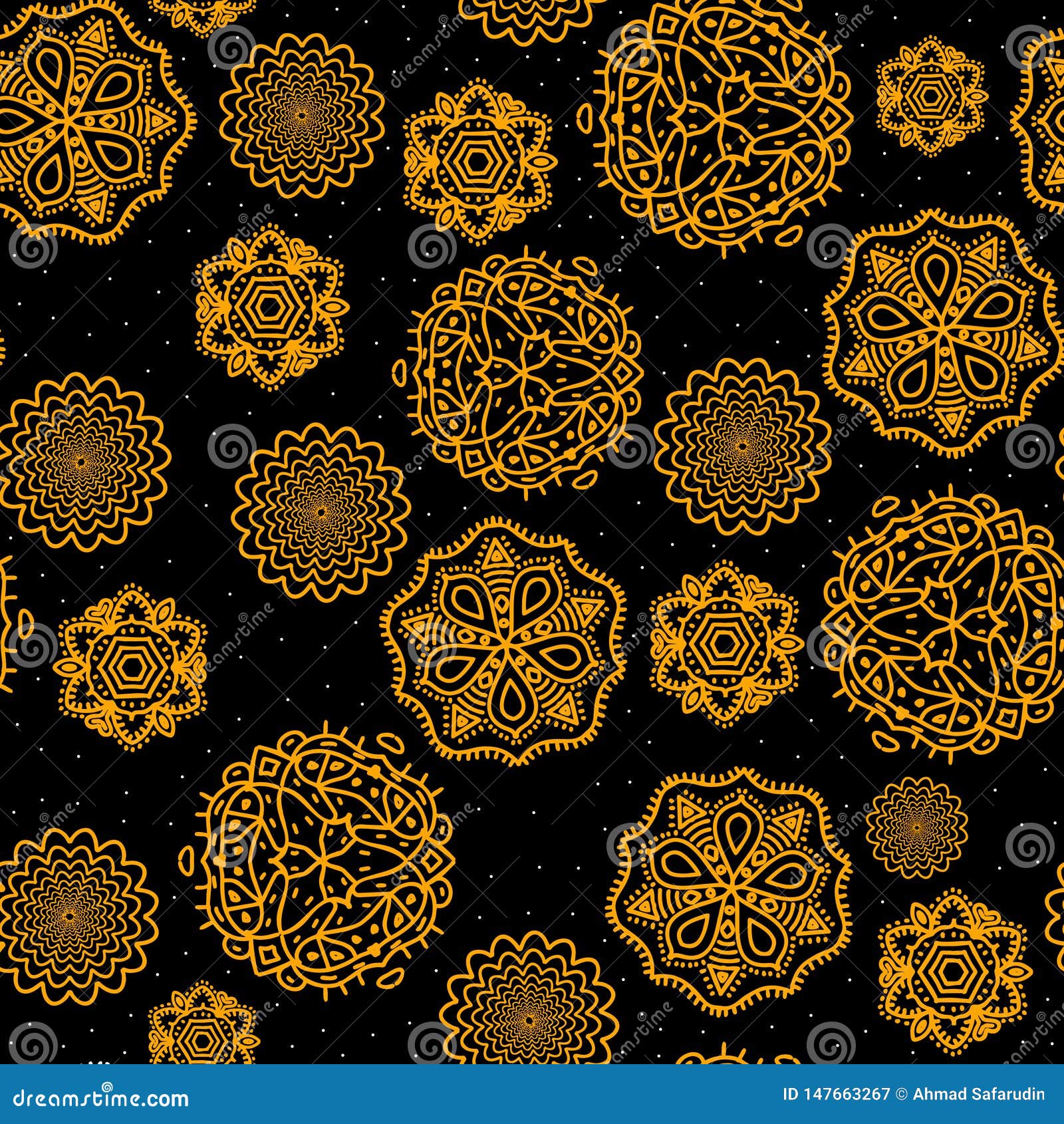 Golden Tribal Mandala Drawing Seamless Pattern Yellow and Black Stock ...
