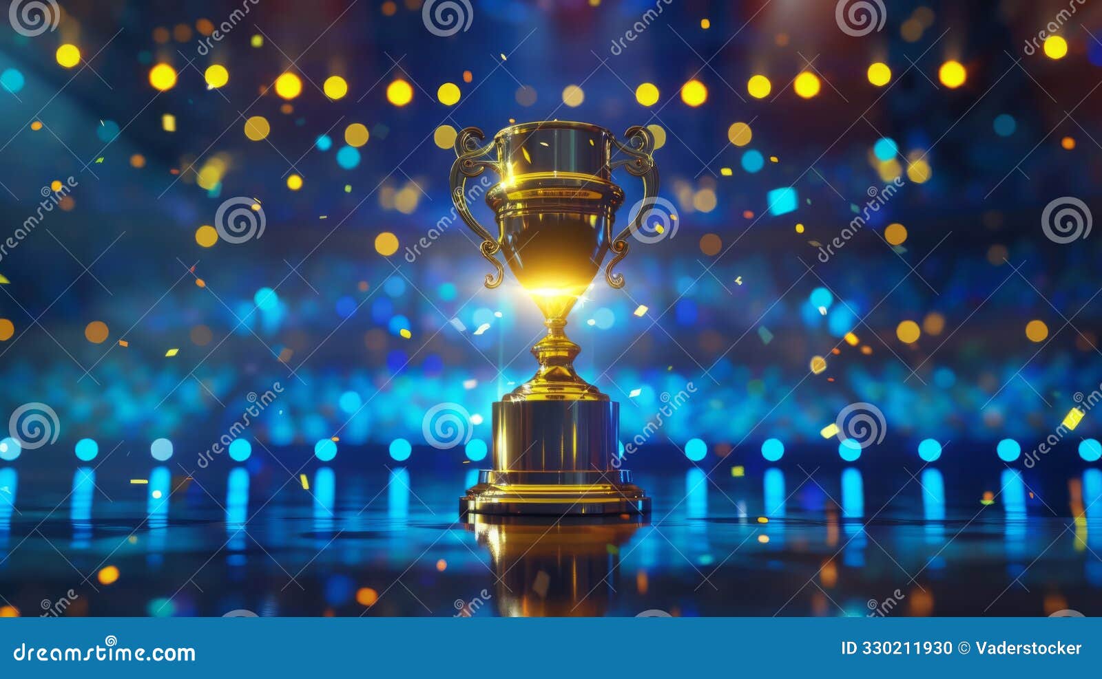 Golden Trophy with Blue and Yellow Bokeh Background Stock Illustration ...