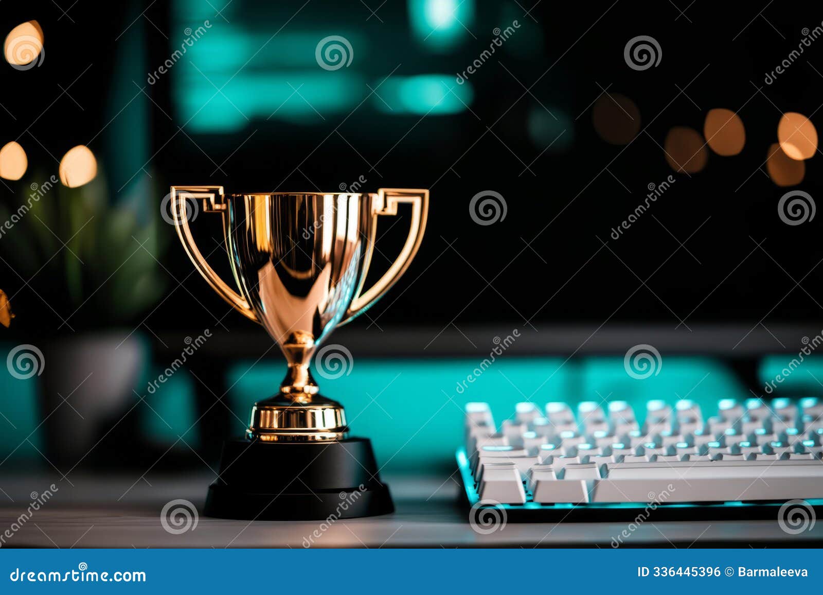 Golden Trophy on a Desk in a Modern Tech Workspace with Computer ...