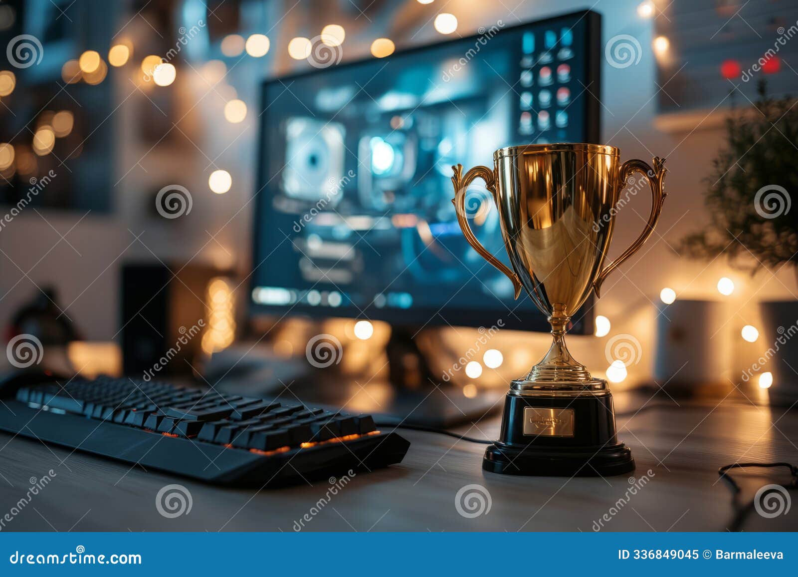 Golden Trophy on a Desk in a Modern Tech Workspace with Computer ...