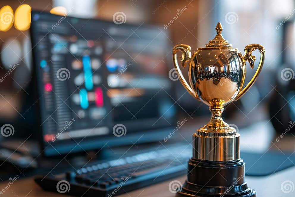 Golden Trophy on a Desk in a Modern Tech Workspace with Computer ...