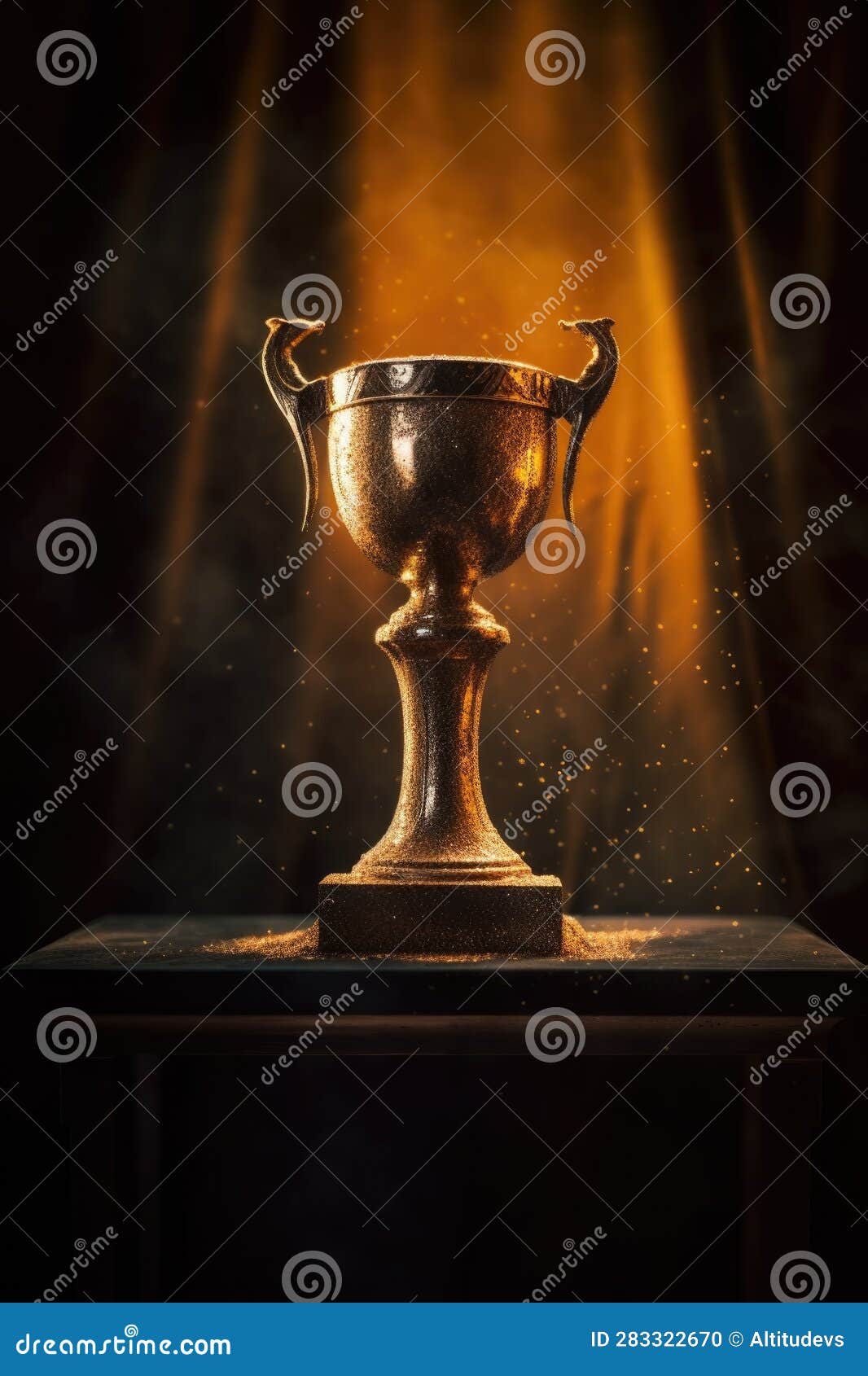 Golden Trophy on a Pedestal with a Spotlight Shining on it Stock Photo ...