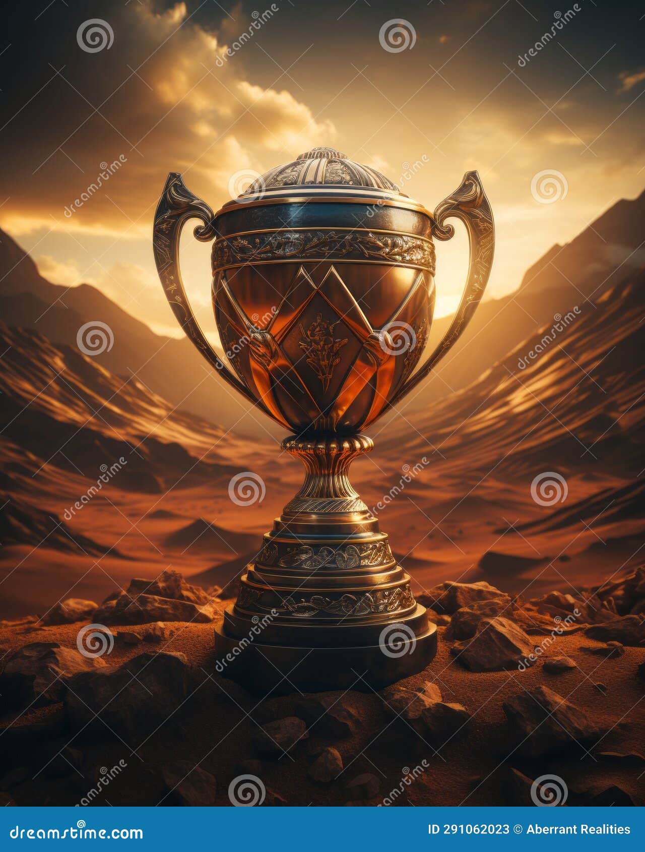 A Golden Trophy Sits in the Middle of a Desert with Mountains in the ...
