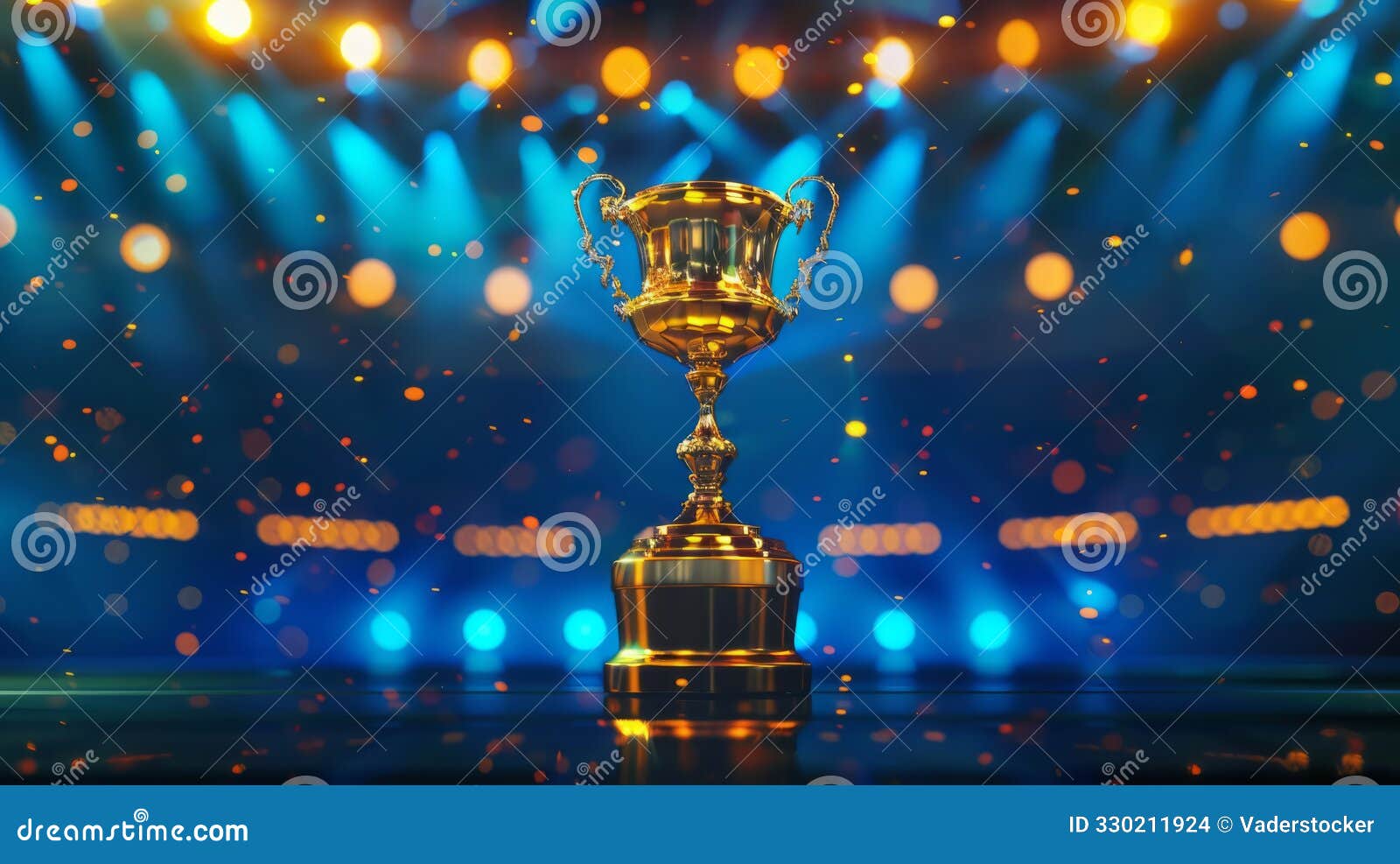 Golden Trophy on a Stage with Blue and Orange Lights Stock Photo ...
