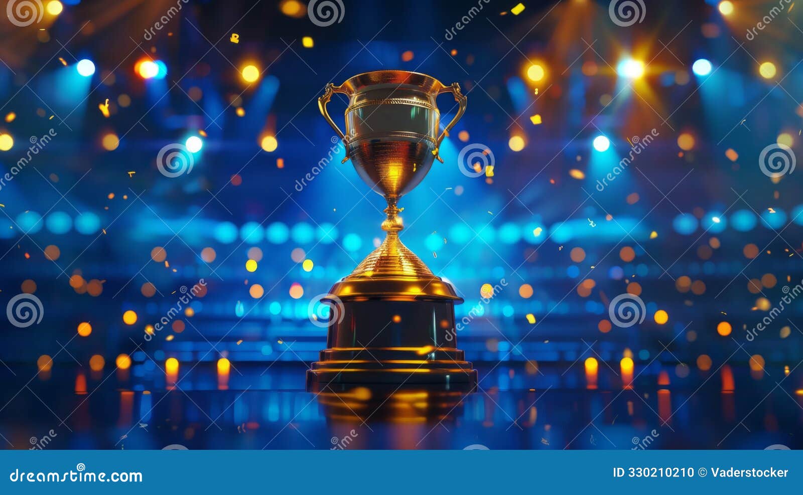 Golden Trophy on a Stage with Blue and Yellow Lights Stock Illustration ...