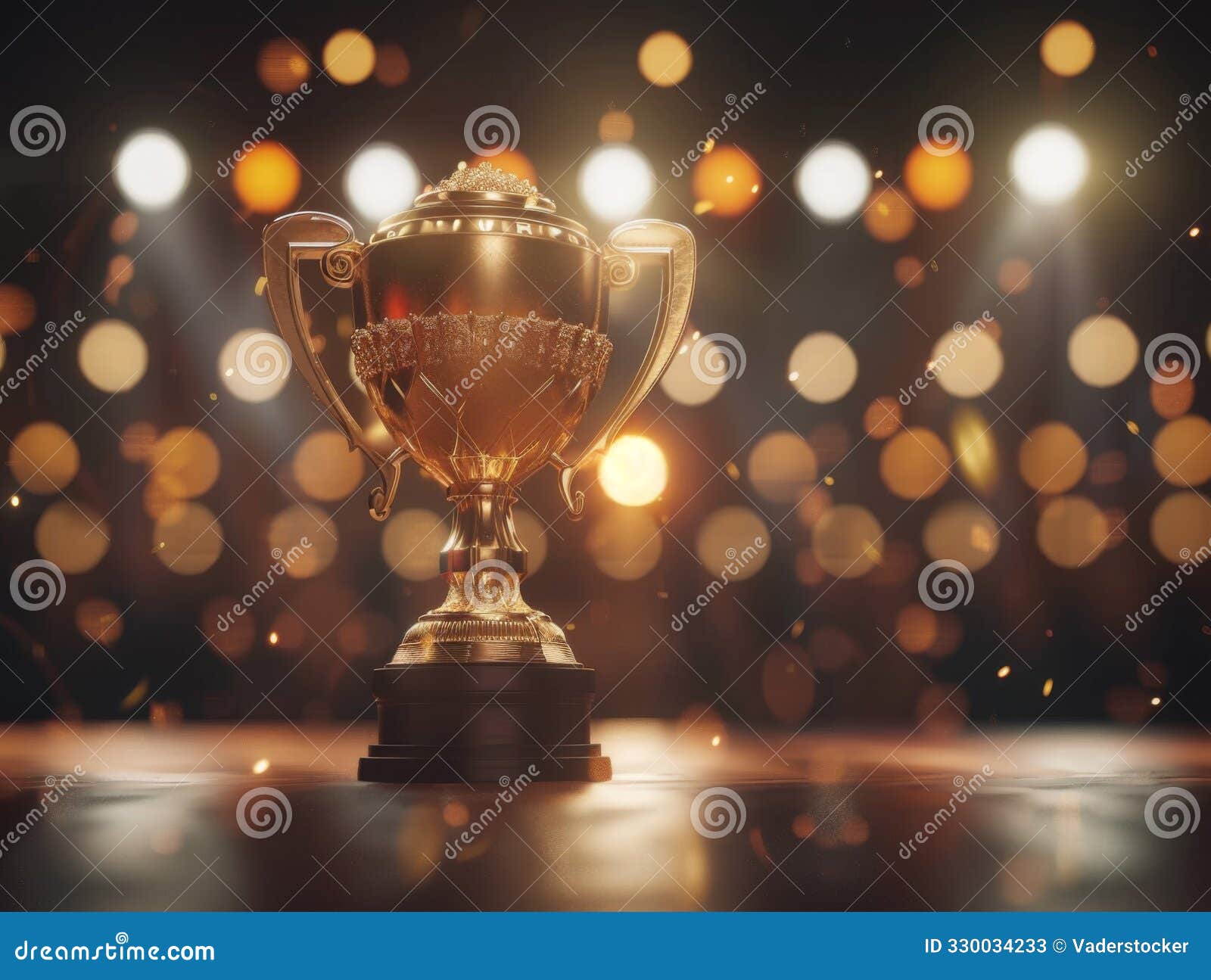 Golden Trophy on Stage with Blurred Lights Stock Illustration ...