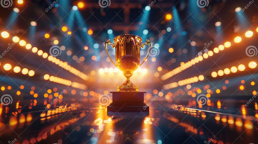 Golden Trophy on a Stage with Lights and Reflections Stock Illustration ...