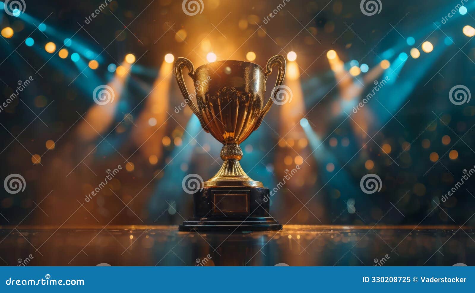 Golden Trophy on a Stage with Spotlights and Bokeh Stock Illustration ...