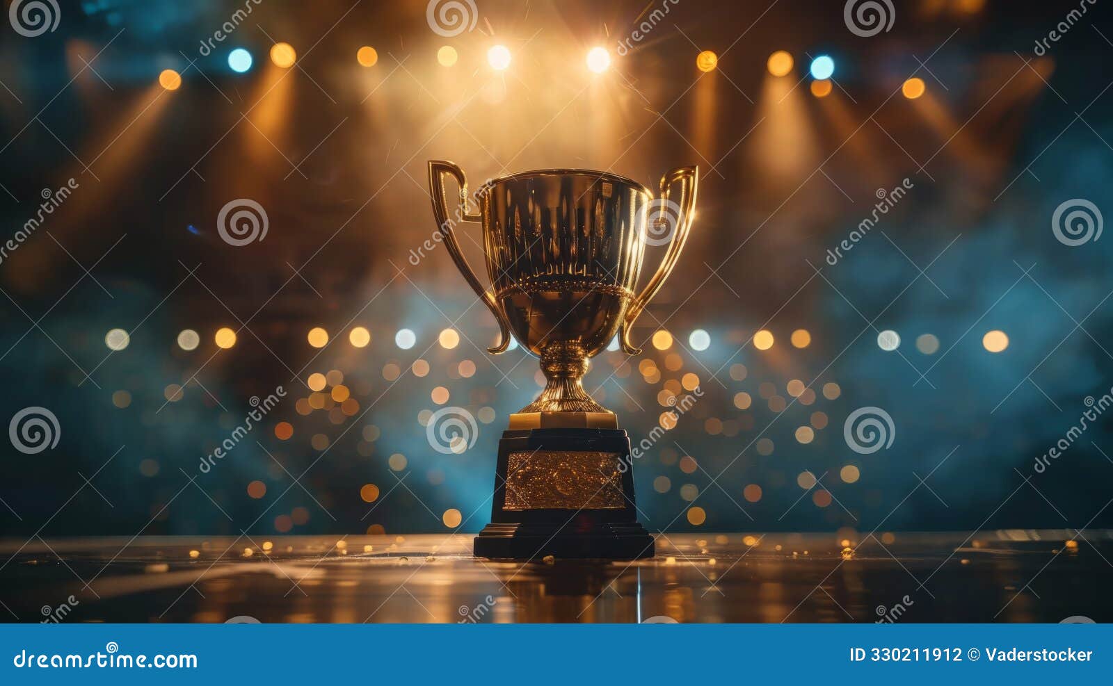 Golden Trophy on a Stage with Spotlights and Smoke Stock Photo - Image ...
