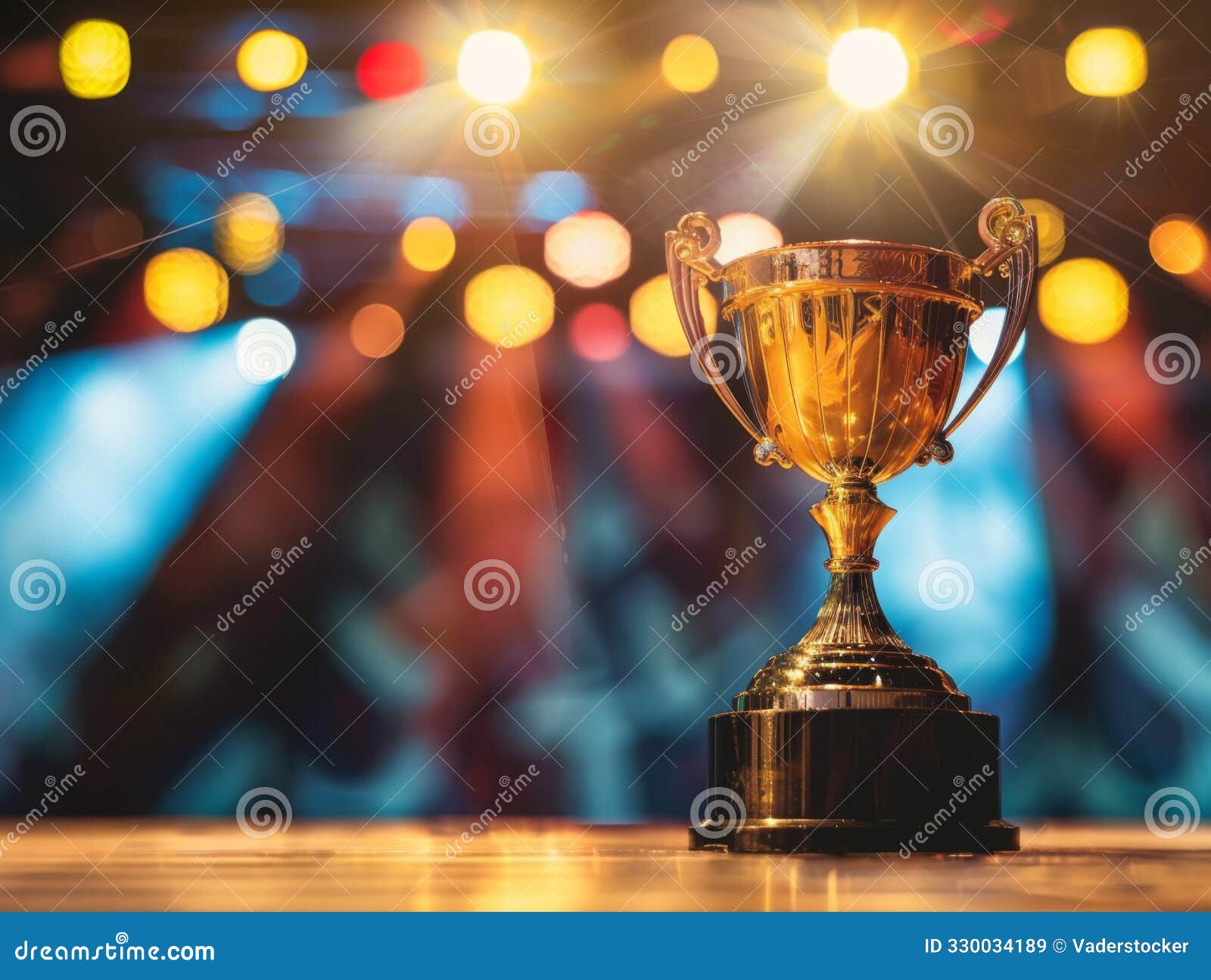 A Golden Trophy Under Spotlight on a Stage with Blurred Audience Stock ...