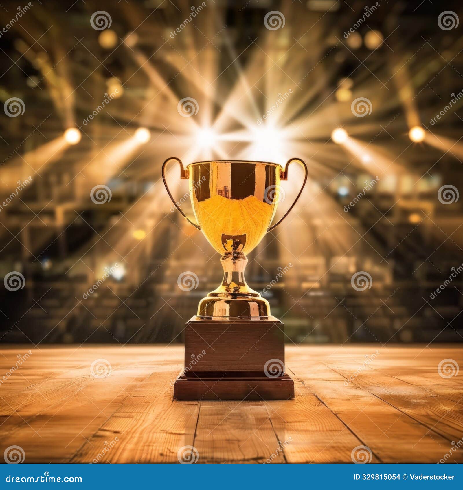 Golden Trophy on Wooden Table with Stage Lights Stock Illustration ...
