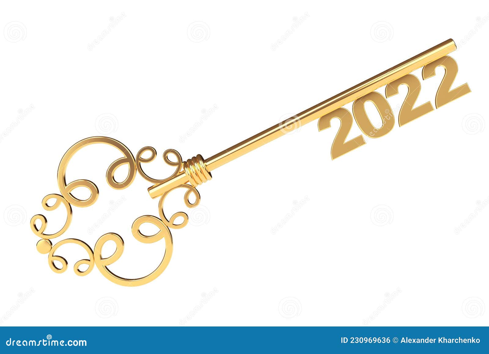 Golden Vintage Key with 2022 Year Sign. 3d Rendering Stock Illustration ...