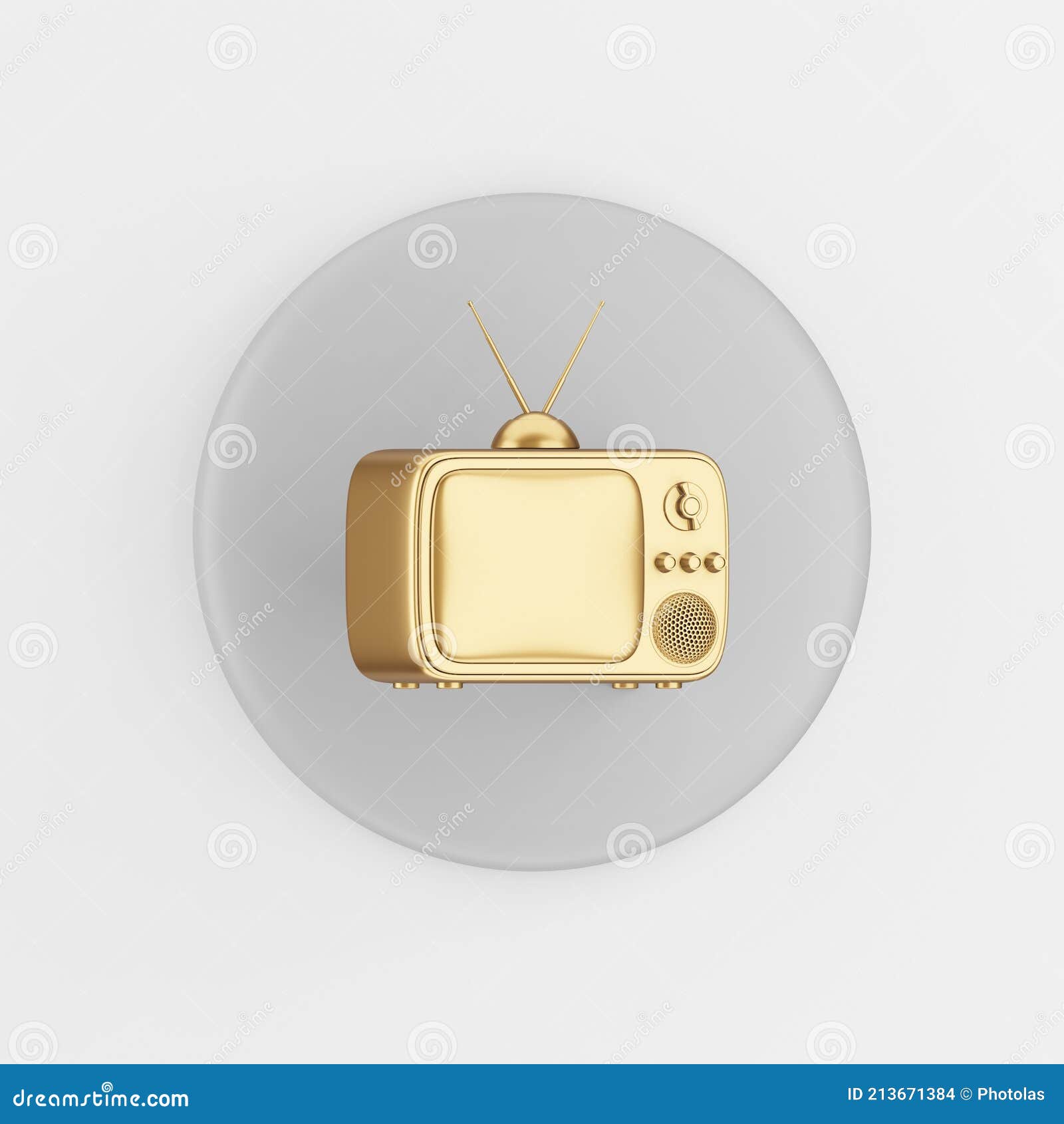 Golden Vintage TV Icon. 3d Rendering Round Gray Key Button, Interface ...