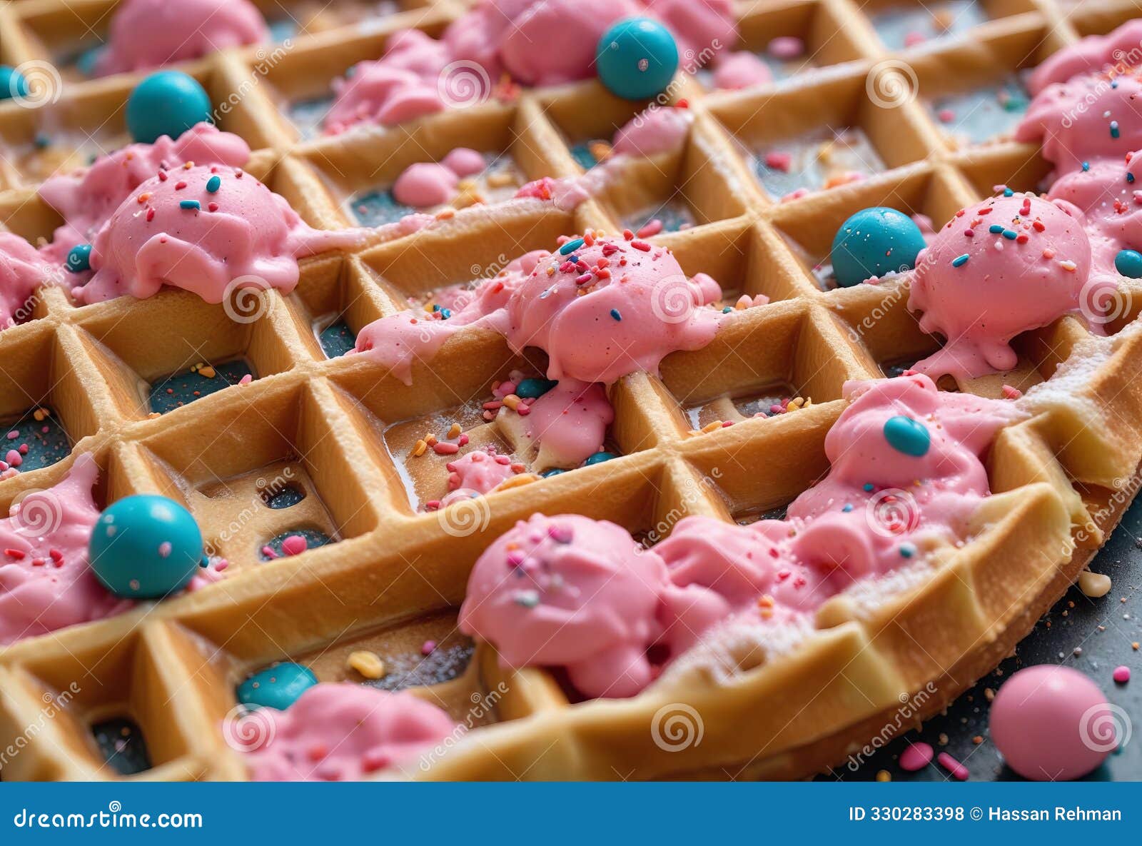 Golden Waffle Texture With Pink Icing And Sprinkles Stock Photo ...