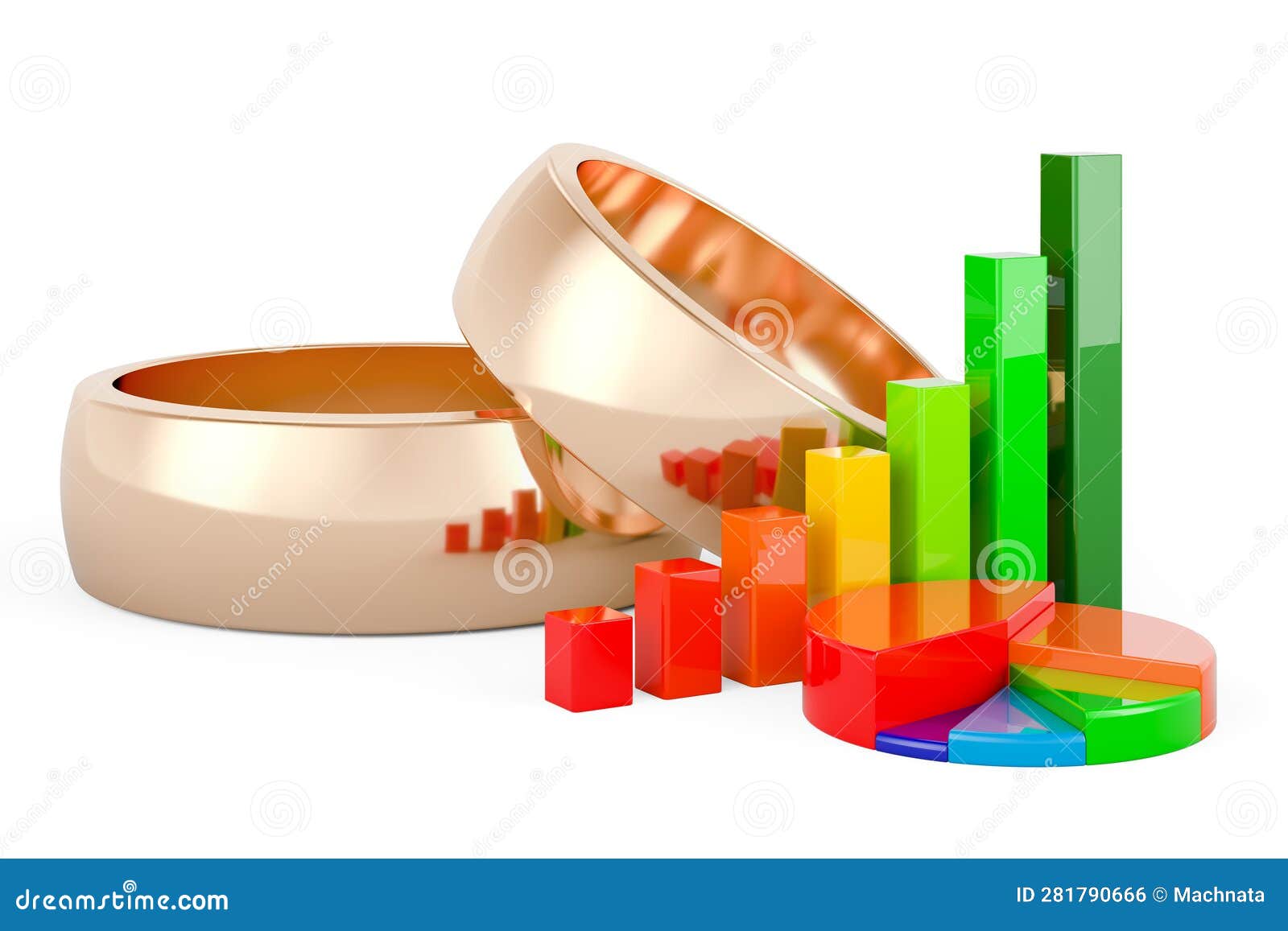 Golden Wedding Rings with Growth Bar Graph and Pie Chart. 3D Rendering ...