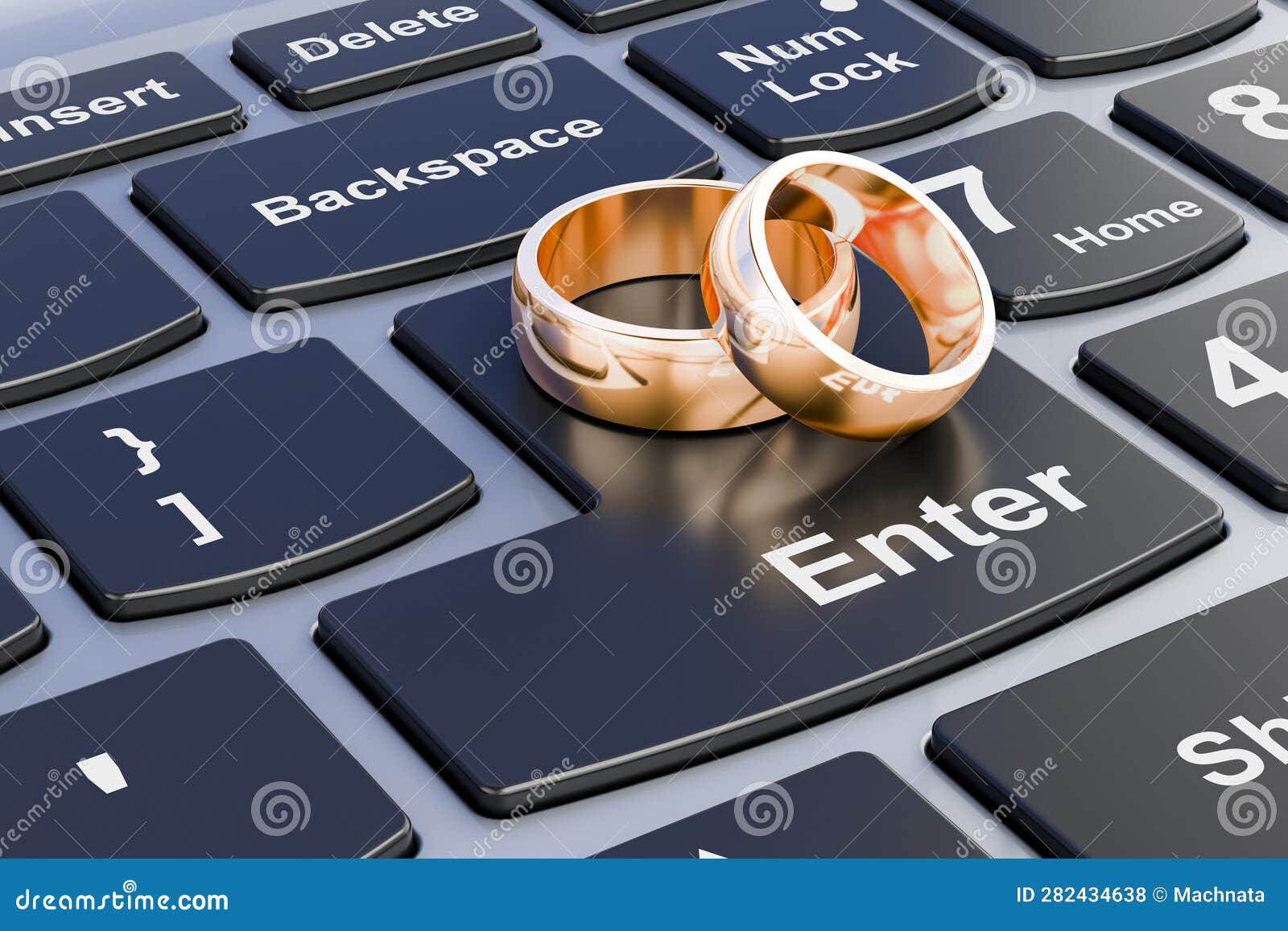 Golden Wedding Rings on Laptop Keyboard. 3D Rendering Stock ...