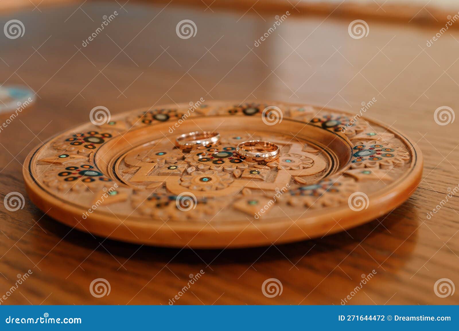 Golden Wedding Rings on a Stand on the Table. Wedding Ceremony Stock ...