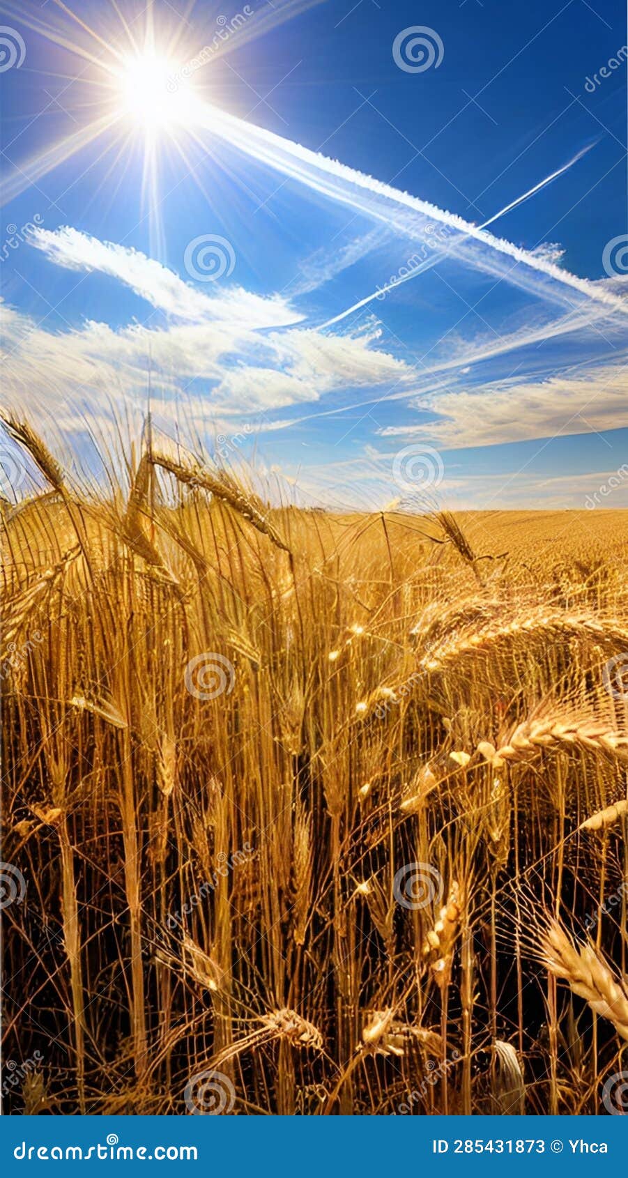 Golden Wheat Field with Blue Sky and Sun Rays Illustration Artificial ...