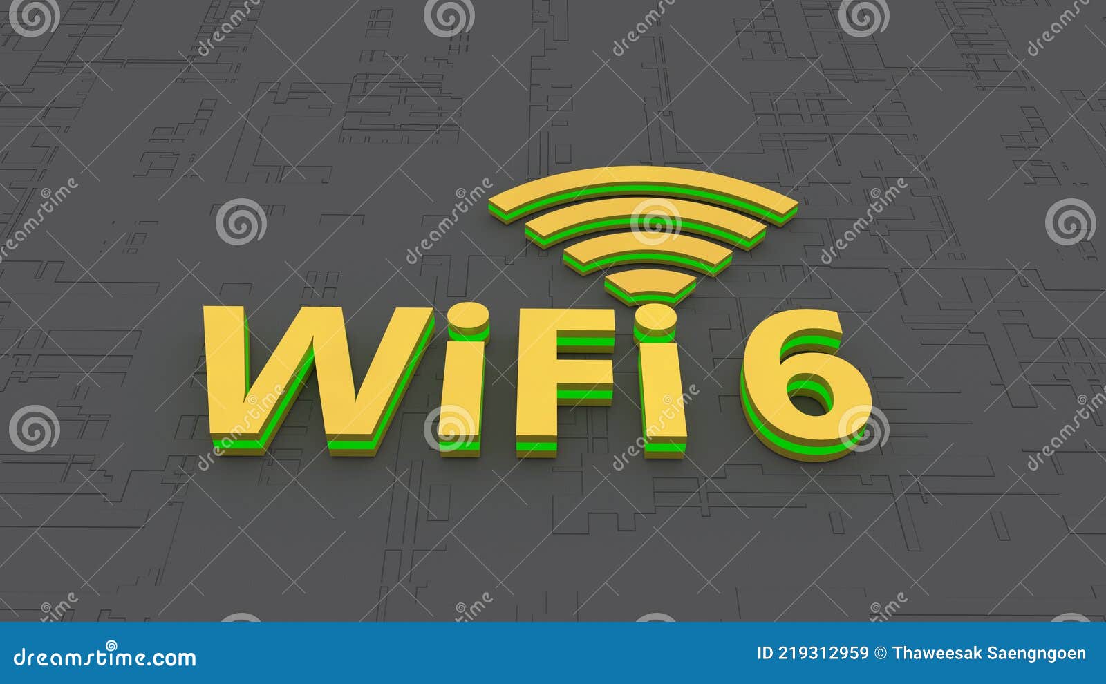 Golden WiFi 6 Symbol with Light Flashing on Abstract Background. 3D ...