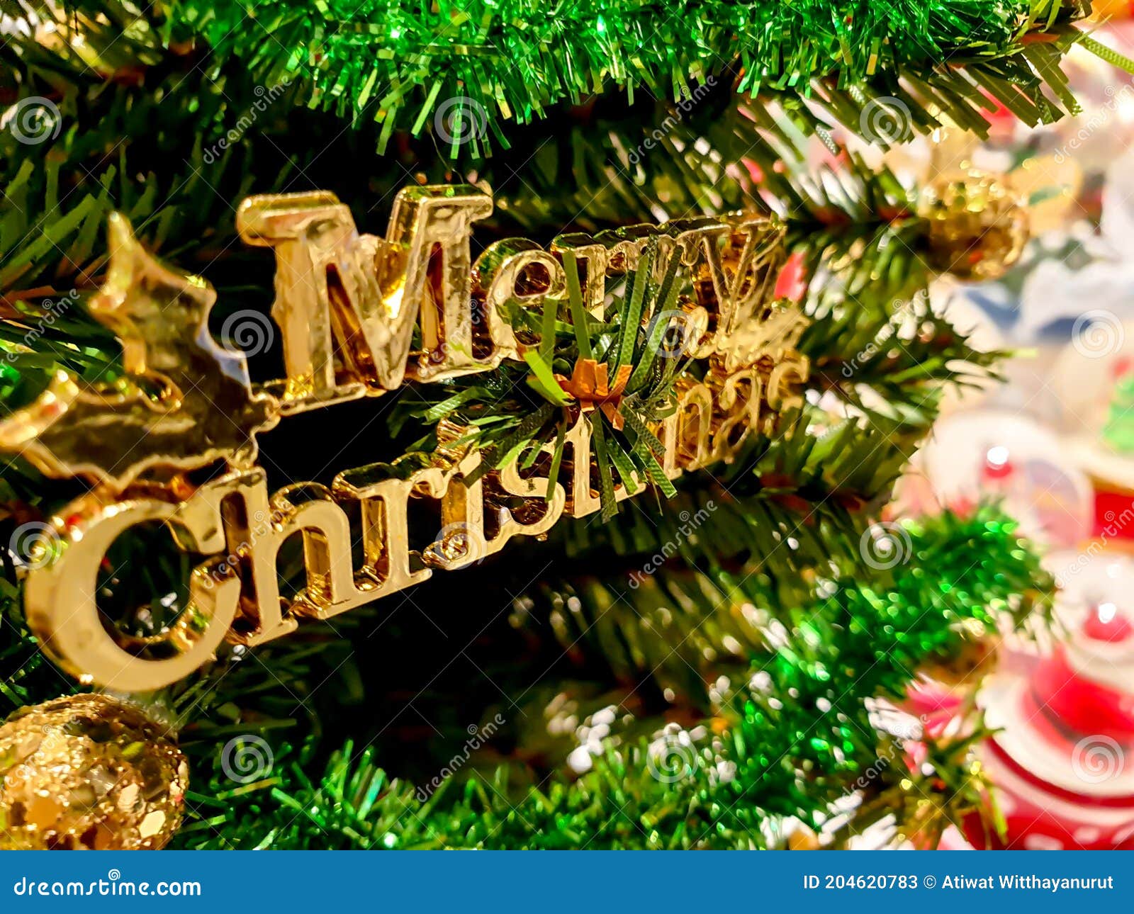 Golden Wording of Christmas Decorated on Pine Tree on Christmas Day ...