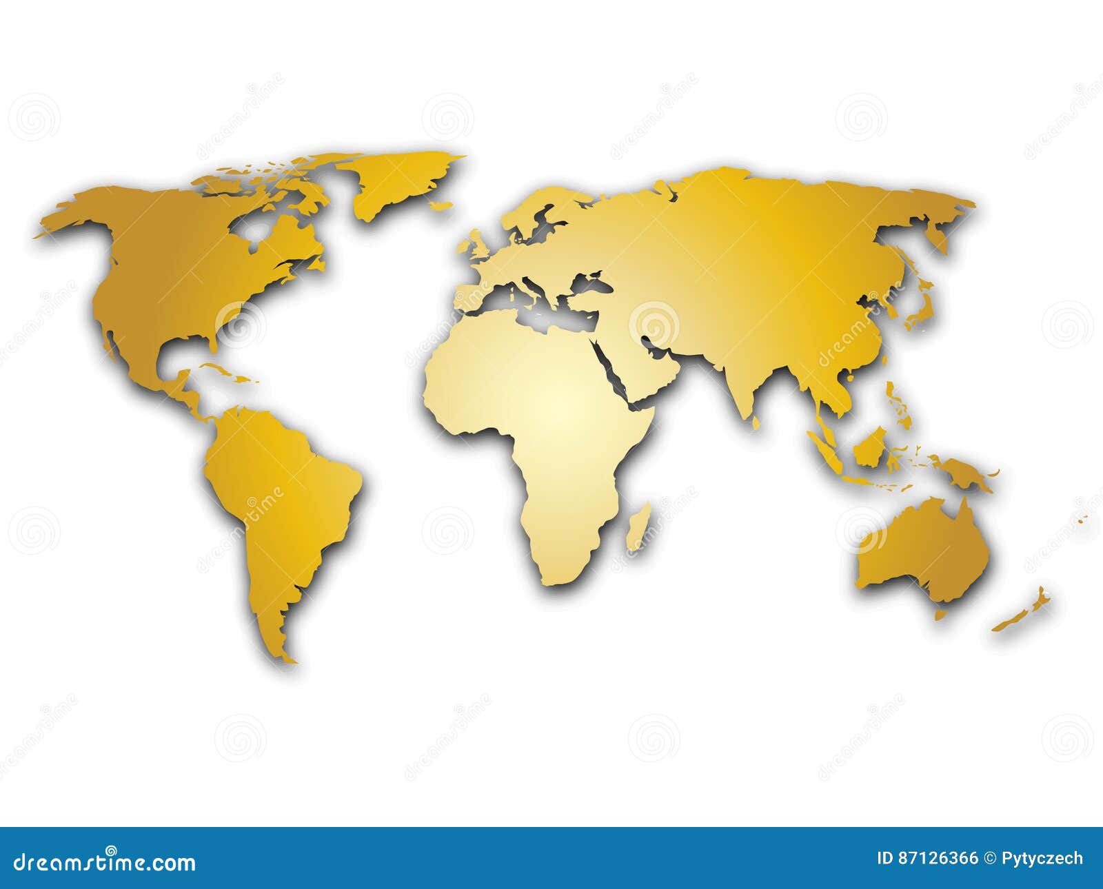 Golden World Map Silhoutte. Metal Like Design with Shadow on White ...