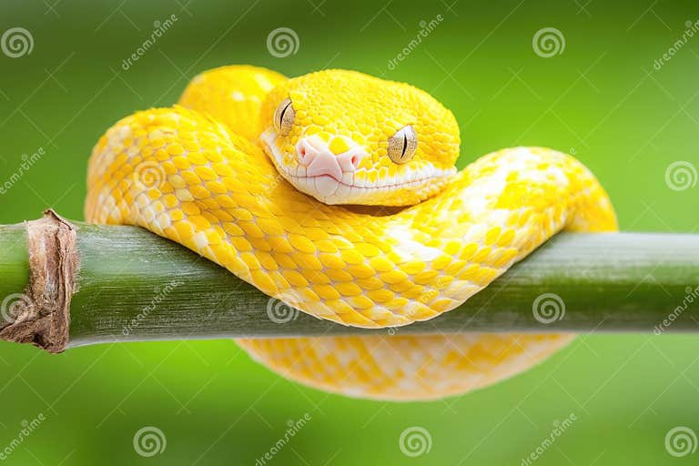 Golden Yellow Python Coiled on Branch Against Vivid Green Background Stock Illustration ...