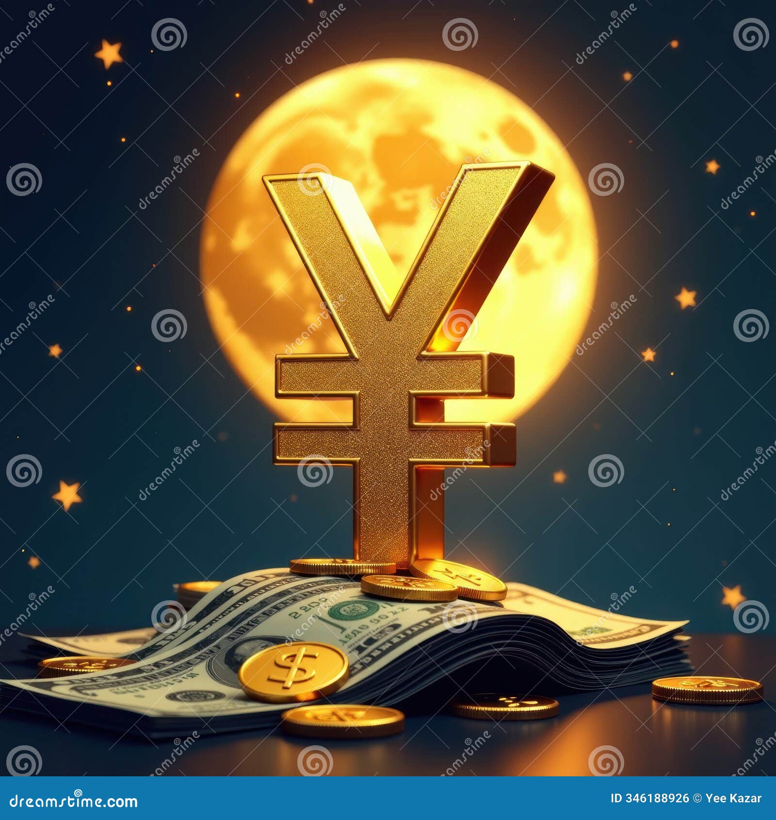 Golden Yen Symbol on Stack of Dollar Bills Under Full Moon Stock ...