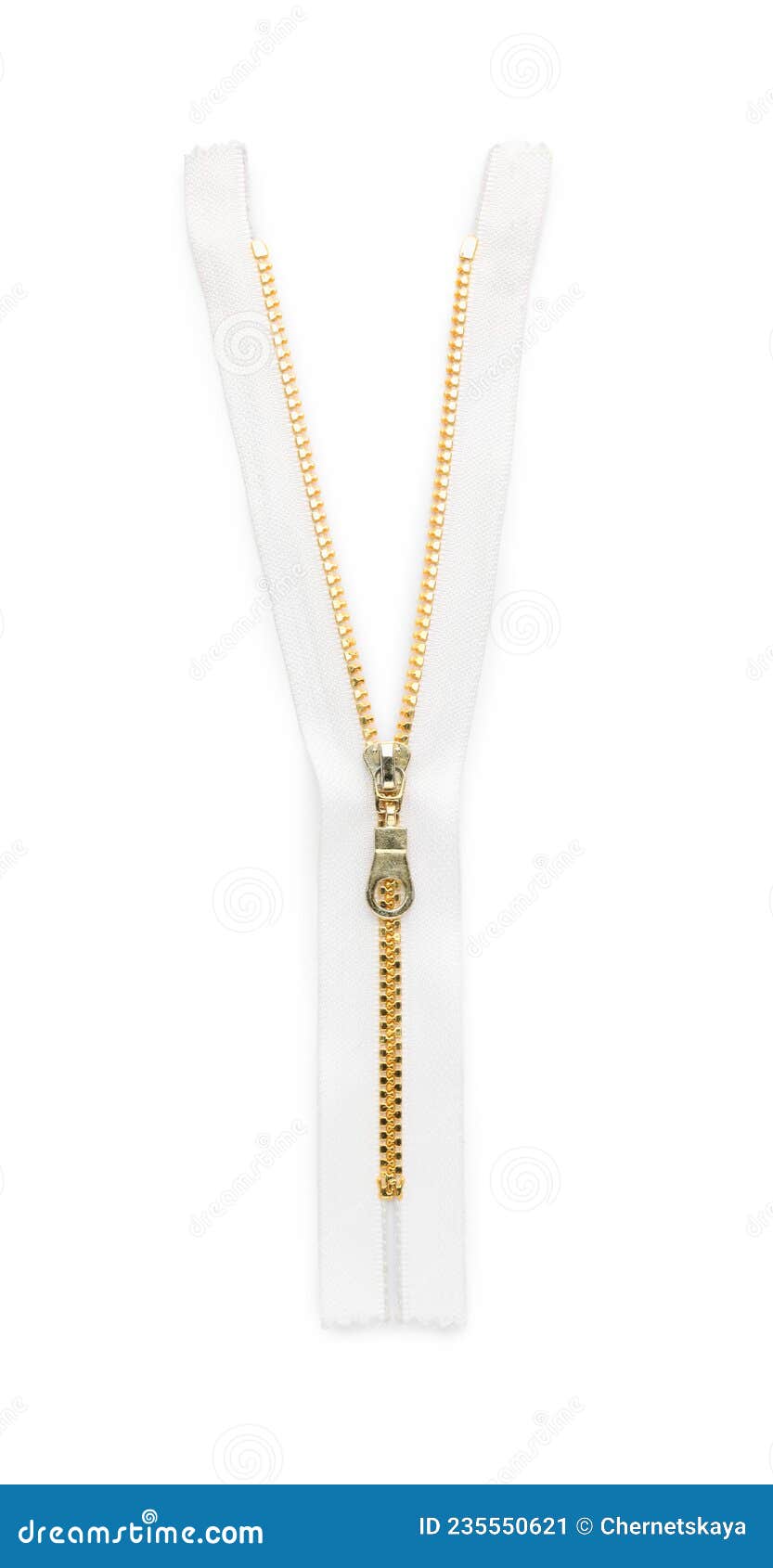 Golden Zipper Isolated on White, Top View Stock Image - Image of metal ...