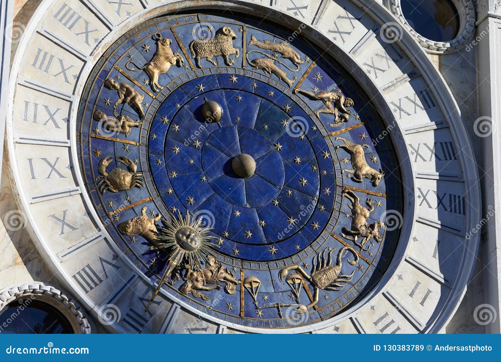 Golden Zodiac Astrological Clock, Sunlight and Shadow Stock Image ...