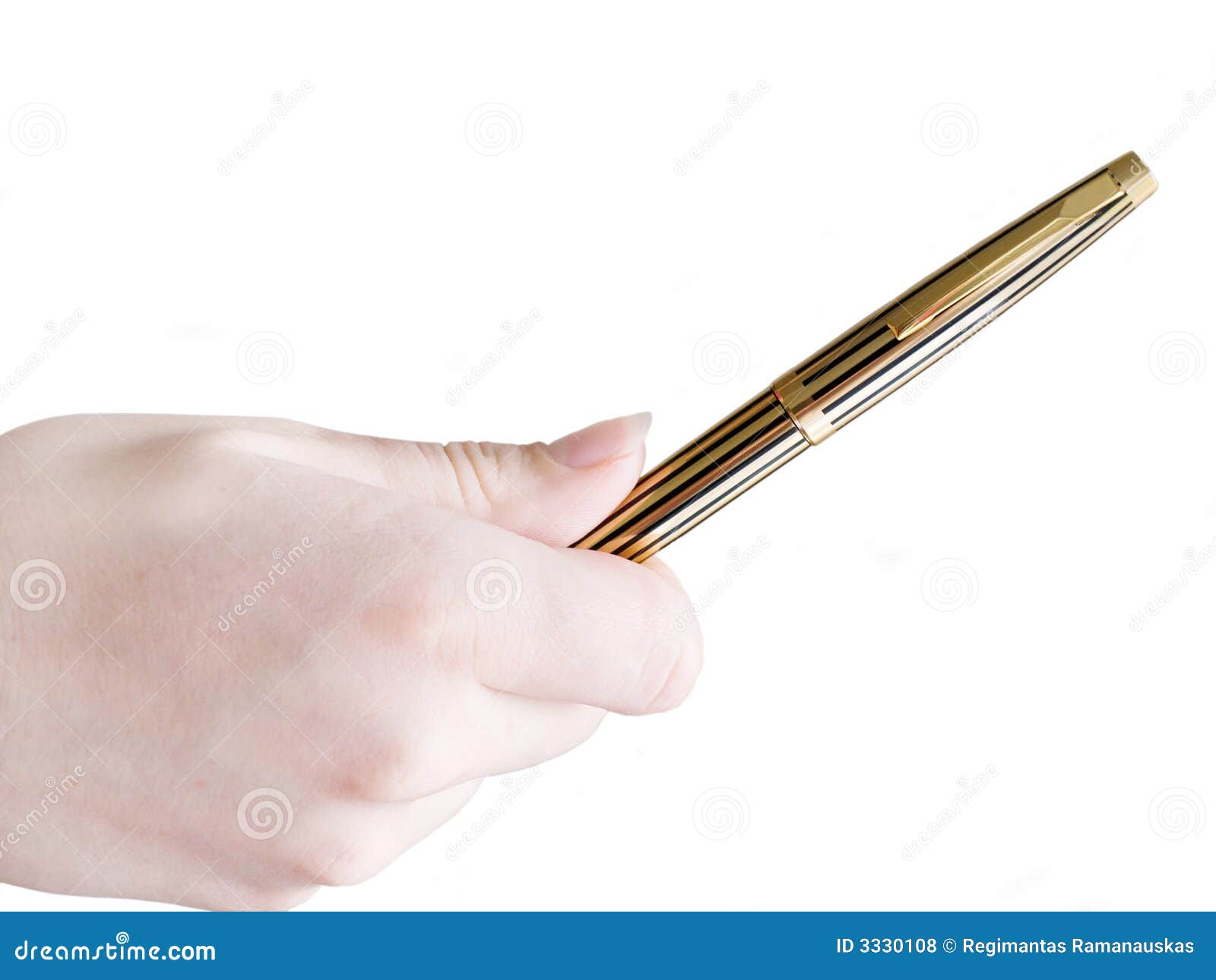 Goldene Feder in der Hand stockfoto. Bild von zeichen - 3330108