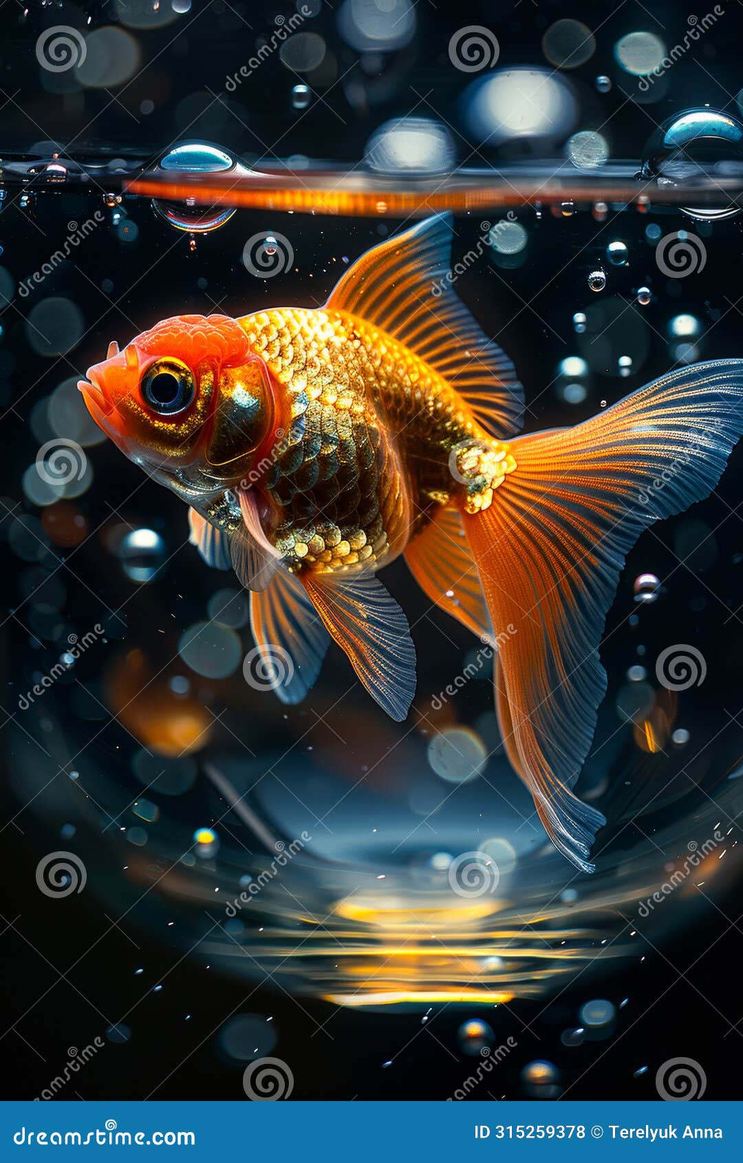 Goldfish in Fishbowl with Bubbles. the Fish in the Bowl is Swimming ...
