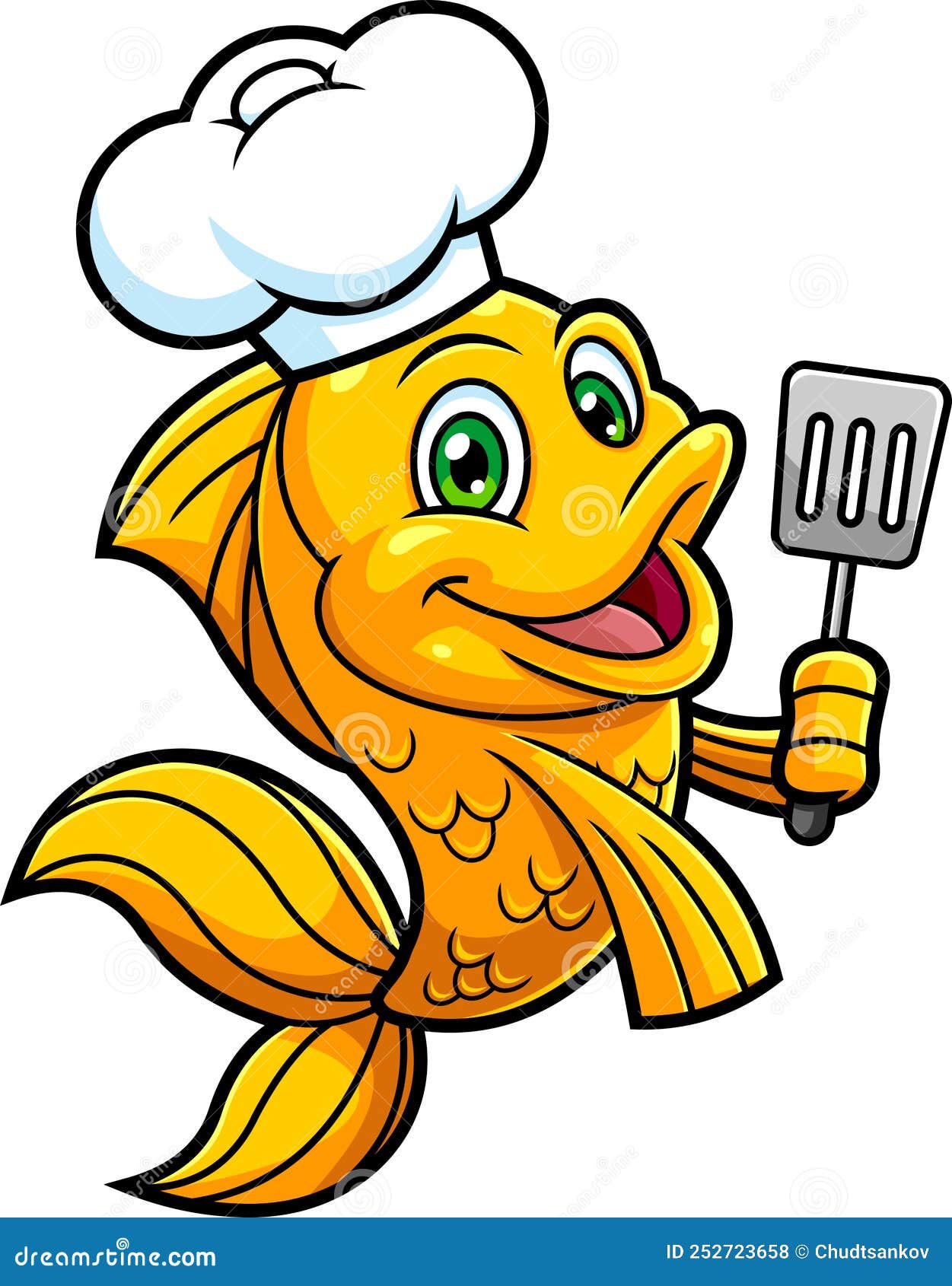 Cute Gold Fish or Goldfish Chef Cartoon Character Holding a Slotted ...