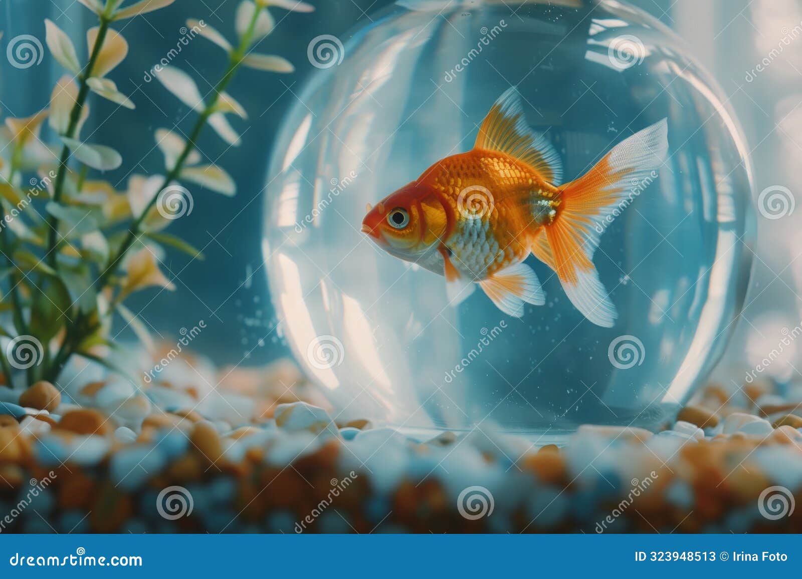 Goldfish in Round Aquarium with Stones and Plants Stock Image - Image ...