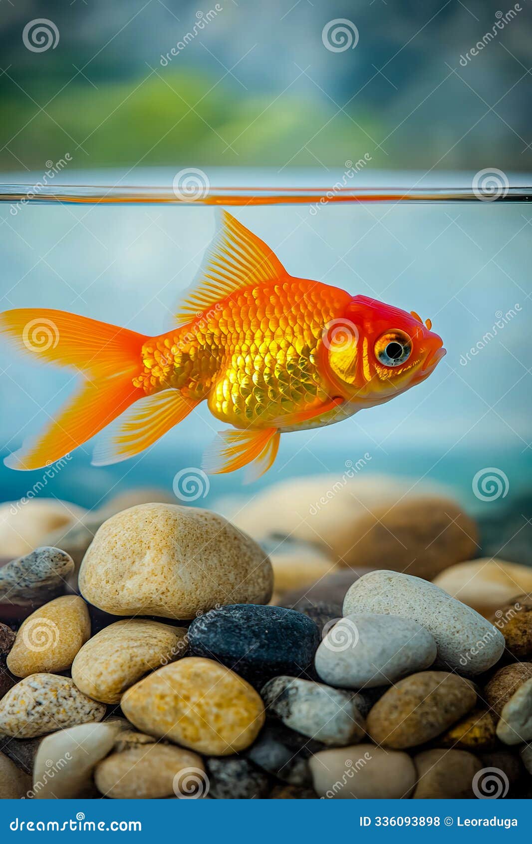 A Goldfish Swimming in Water with Rocks and Pebbles at the Bottom Stock ...