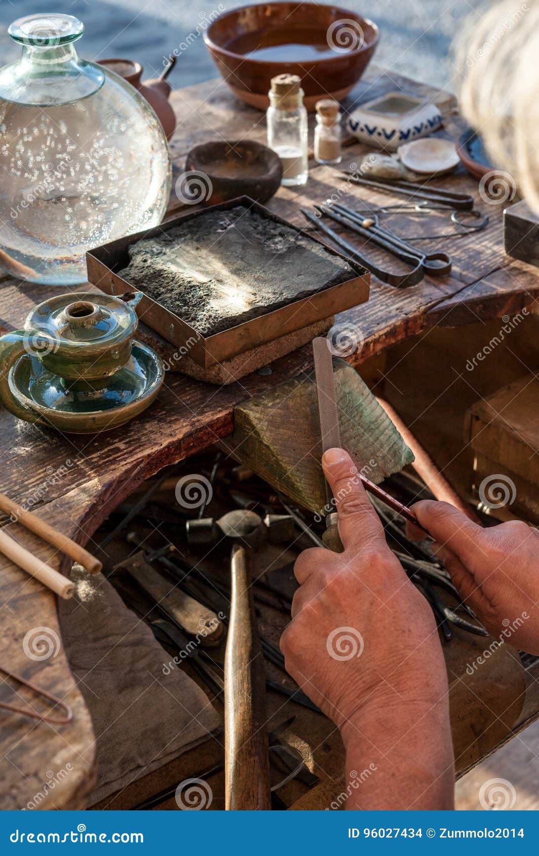 Goldsmith Working on His Bench, Using a File Stock Photo - Image of ...