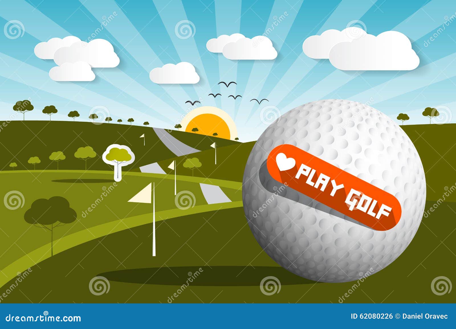 Golf Ball on Field with Sun and Sky Stock Vector - Illustration of ...