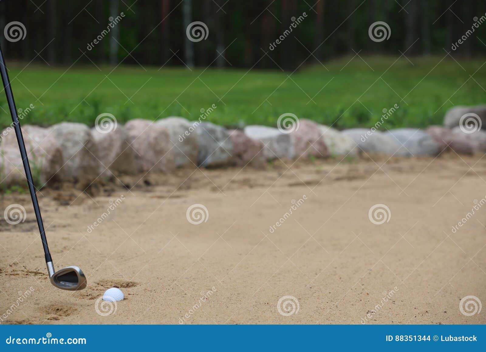 Golf ball in sand bunker stock photo. Image of concept - 88351344