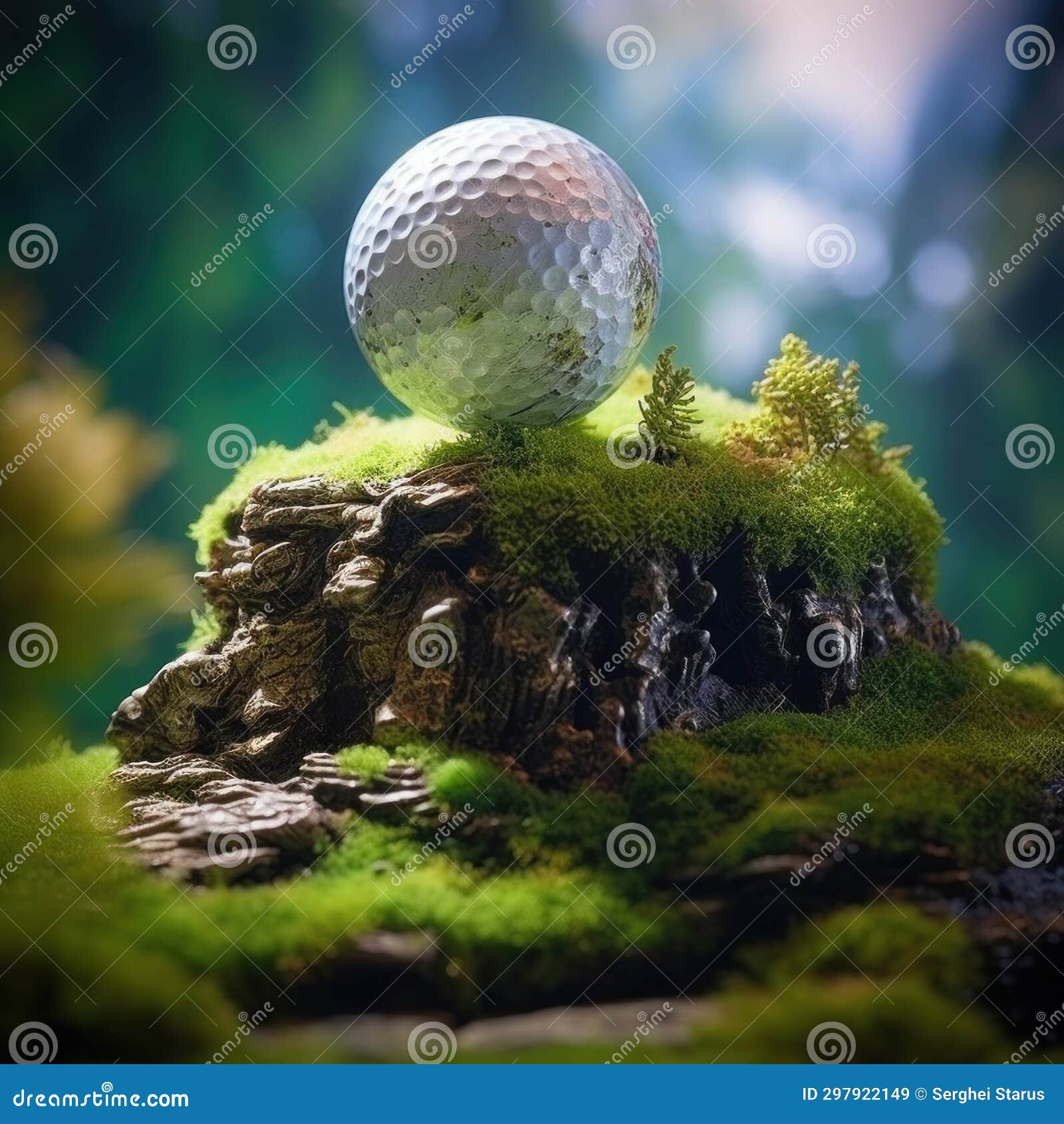 A Golf Ball Sitting on Top of a Moss Covered Rock, AI Stock Image ...
