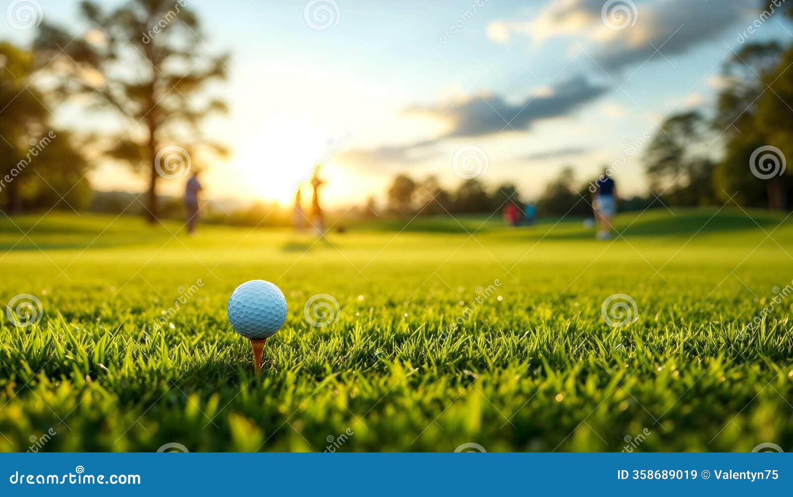 Golf Ball on Tee Placed on Green Lawn, Blurred Background of Teeing ...