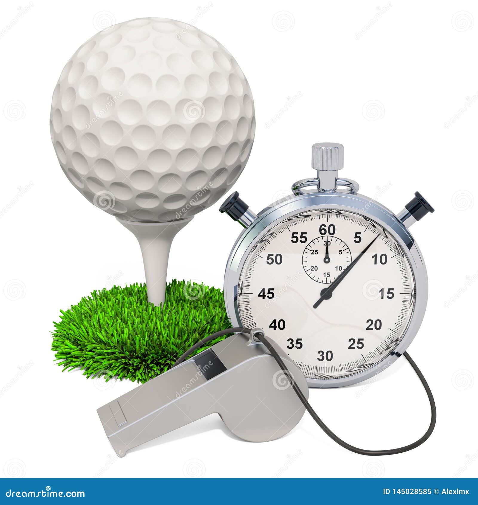 Golf Ball with Whistle and Stopwatch, 3D Rendering Stock Illustration ...