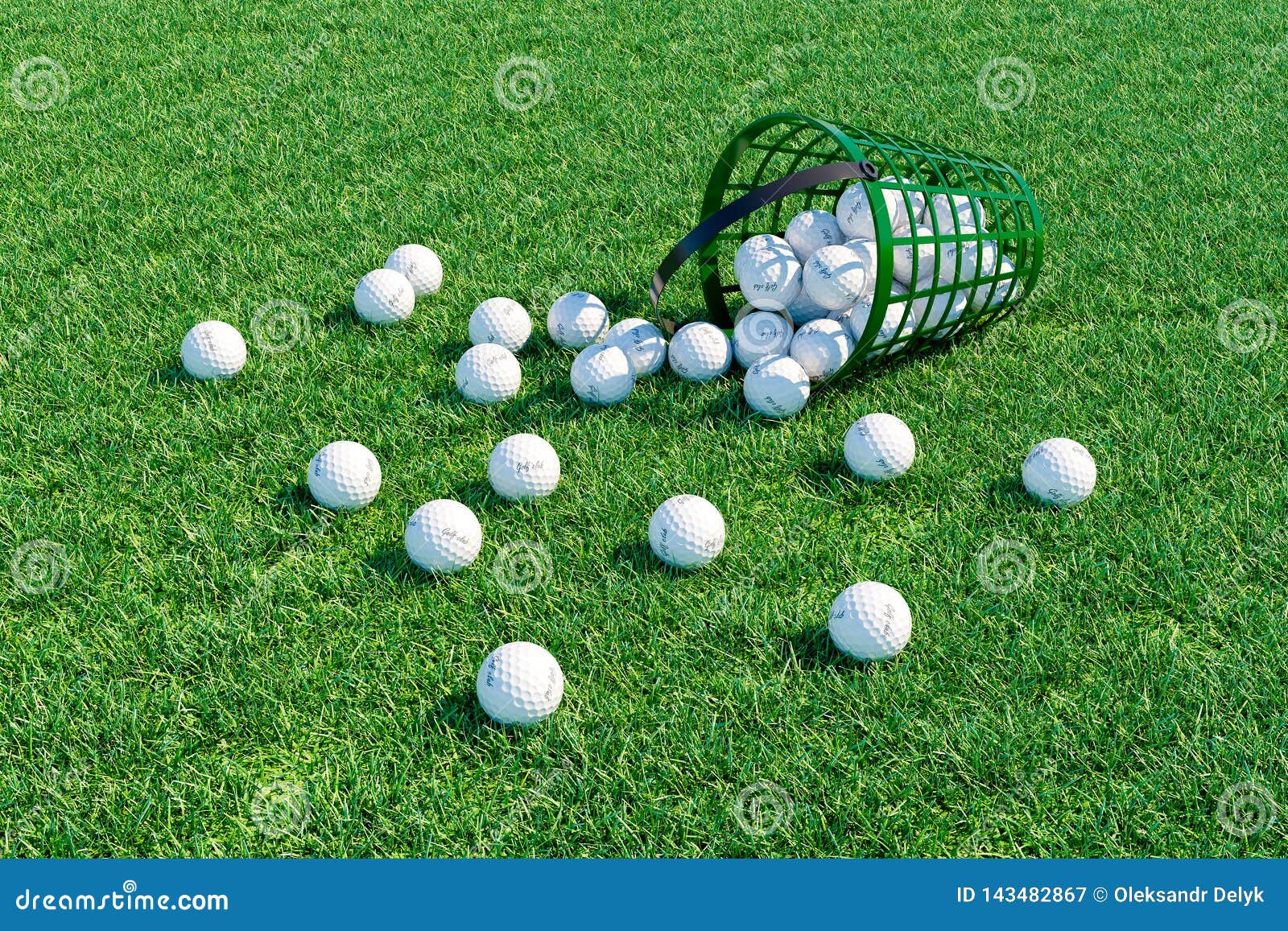 Golf Balls Scattered of Field Near Basket. 3d Stock Illustration ...