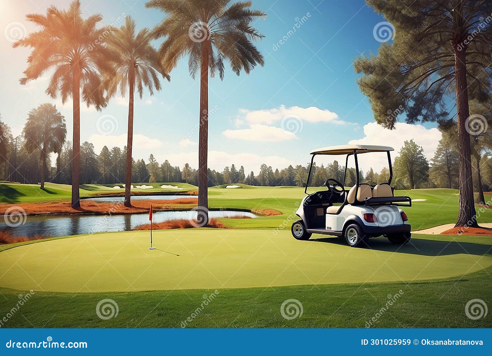 Golf cart on a golf course stock illustration. Illustration of activity ...