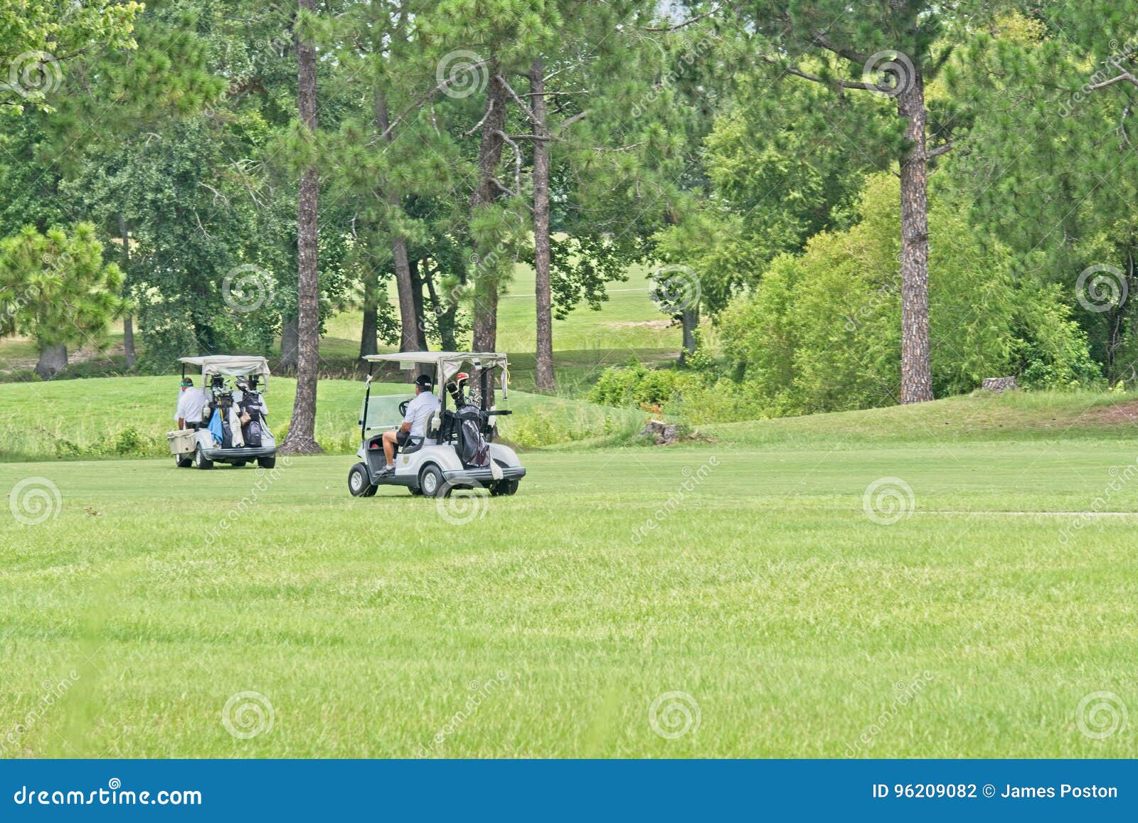 Golf Carts on a Green Golf Course Stock Photo - Image of bags, black ...