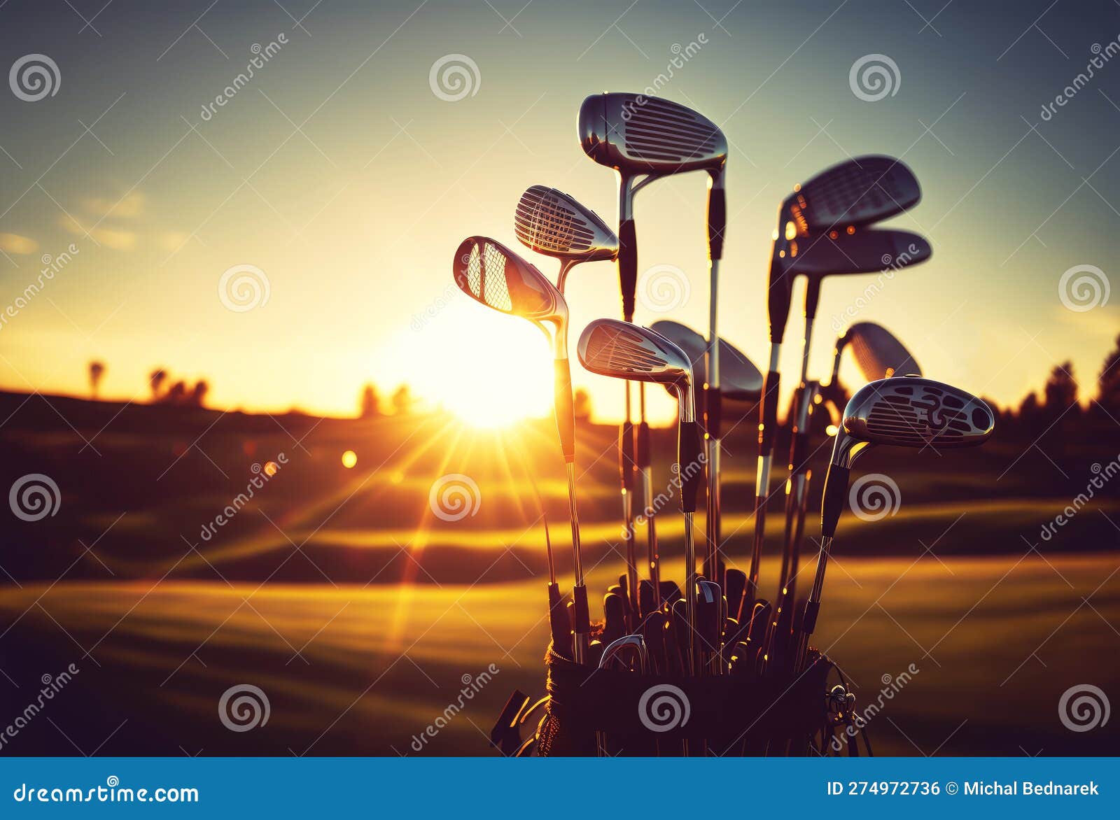 Golf Clubs on Golf Course at Sunset. Generative AI Stock Illustration ...
