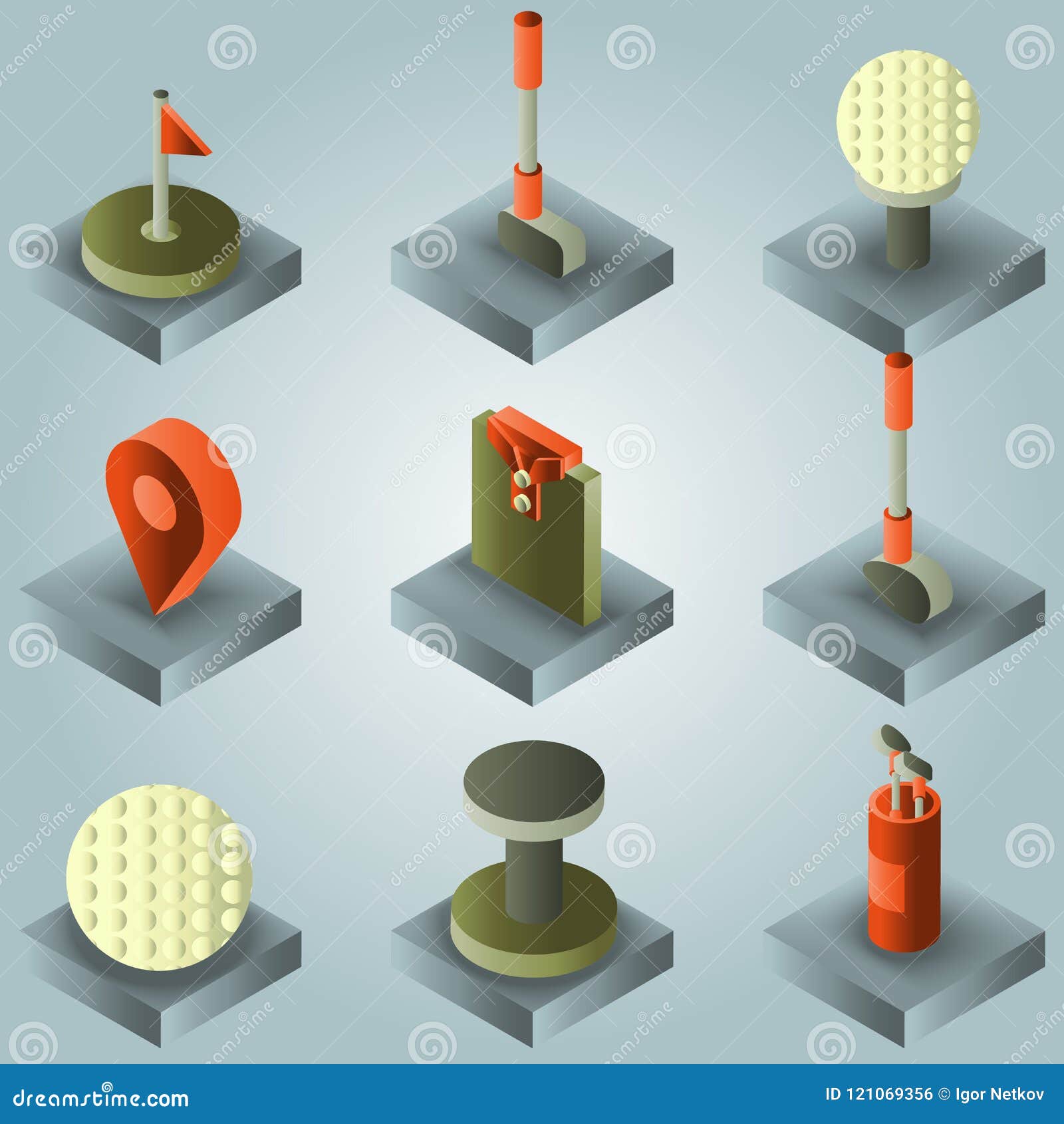 Golf Set. Color Image Of Cartoon Putter With Ball And Playground On ...