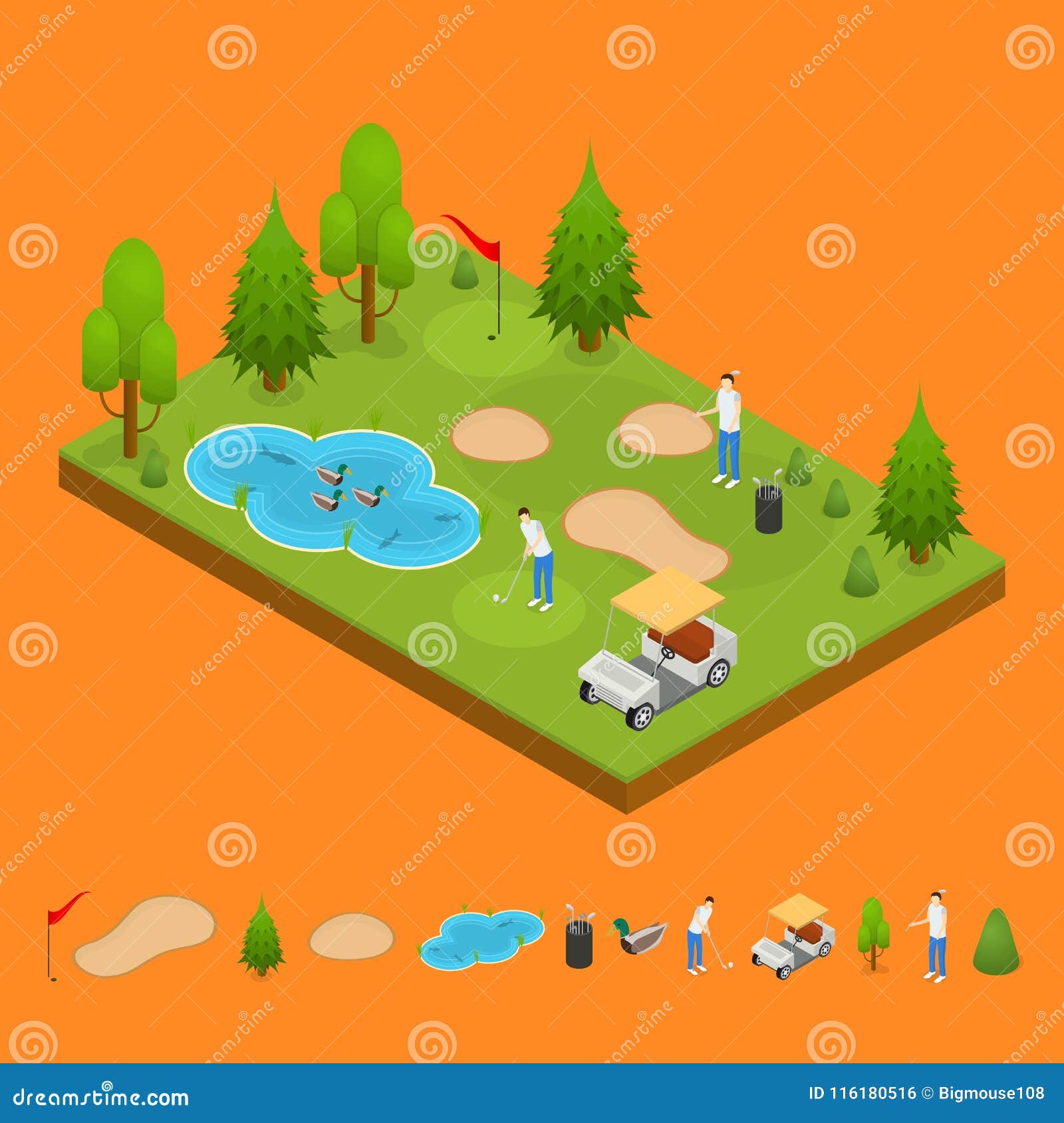 Golf Composition Concept and Elements Part 3d Isometric View. Vector ...