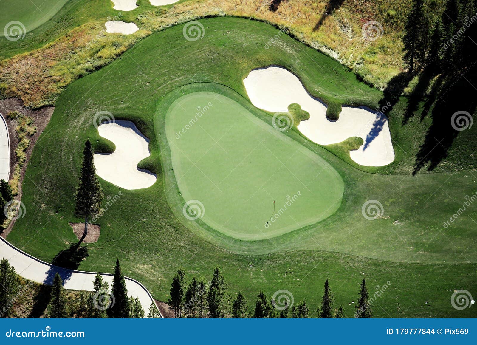 An Aerial View of a Green and Sand Bunkers on a Golf Course Stock Photo ...