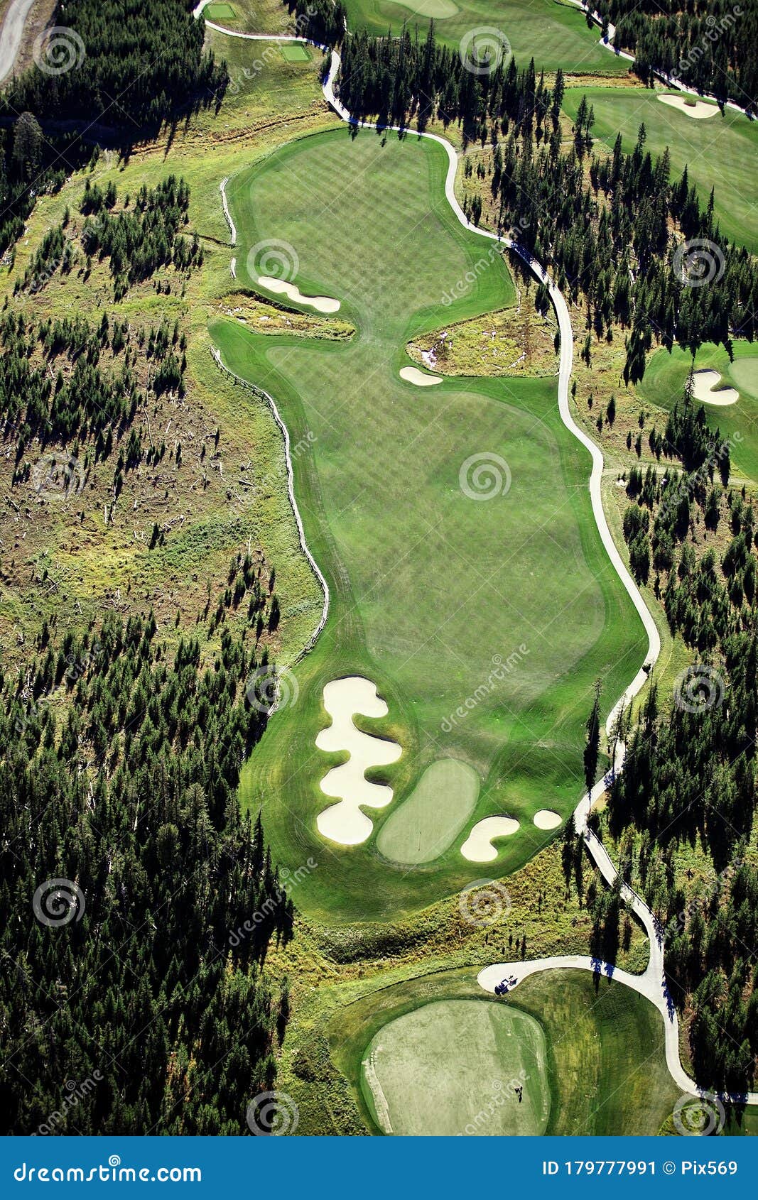 An Aerial View of a Fairway, Green and Sand Bunkers on a Golf Course ...