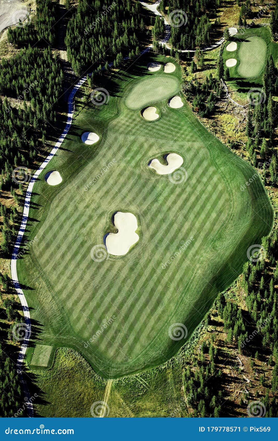 An Aerial View of a Fairway, Green and Sand Bunkers on a Golf Course ...