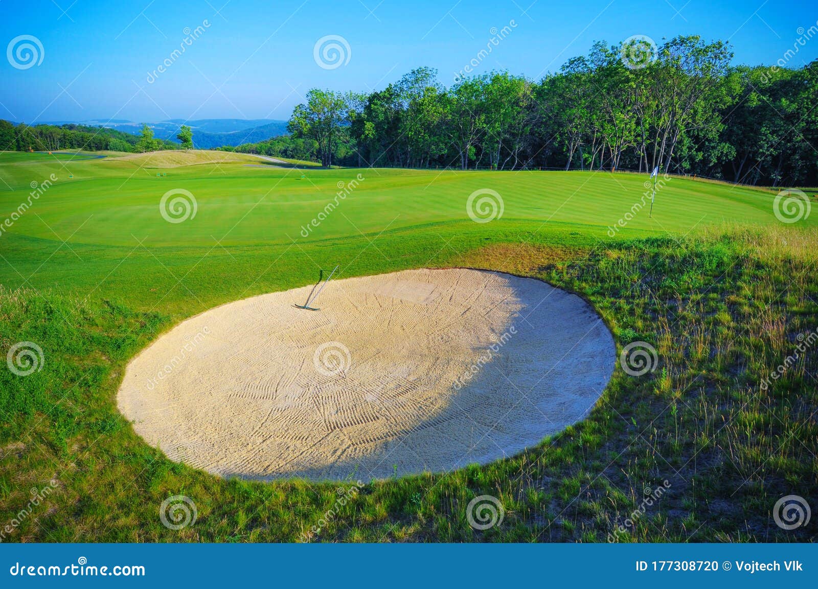 Nice Golf Course with Bunker and Nice Green Stock Photo - Image of ...